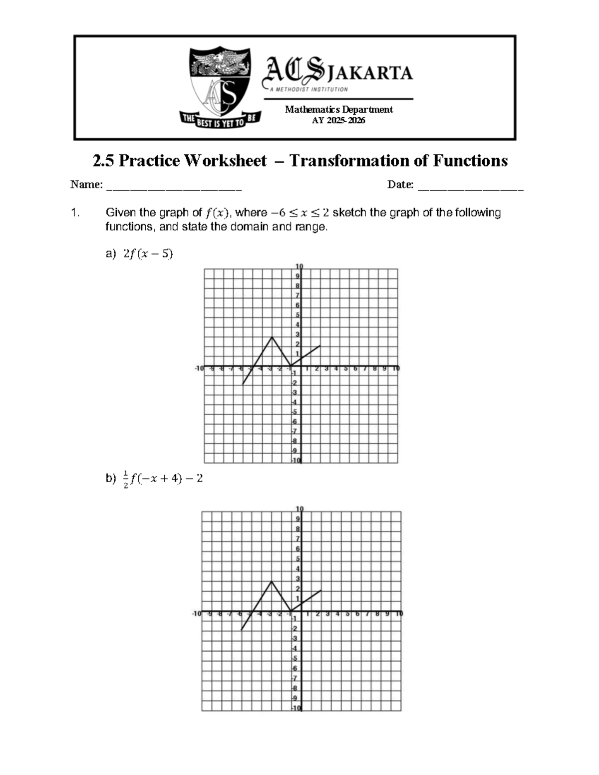 Mathematics 2.5 Practice Worksheet: Transformations of Functions - Studocu