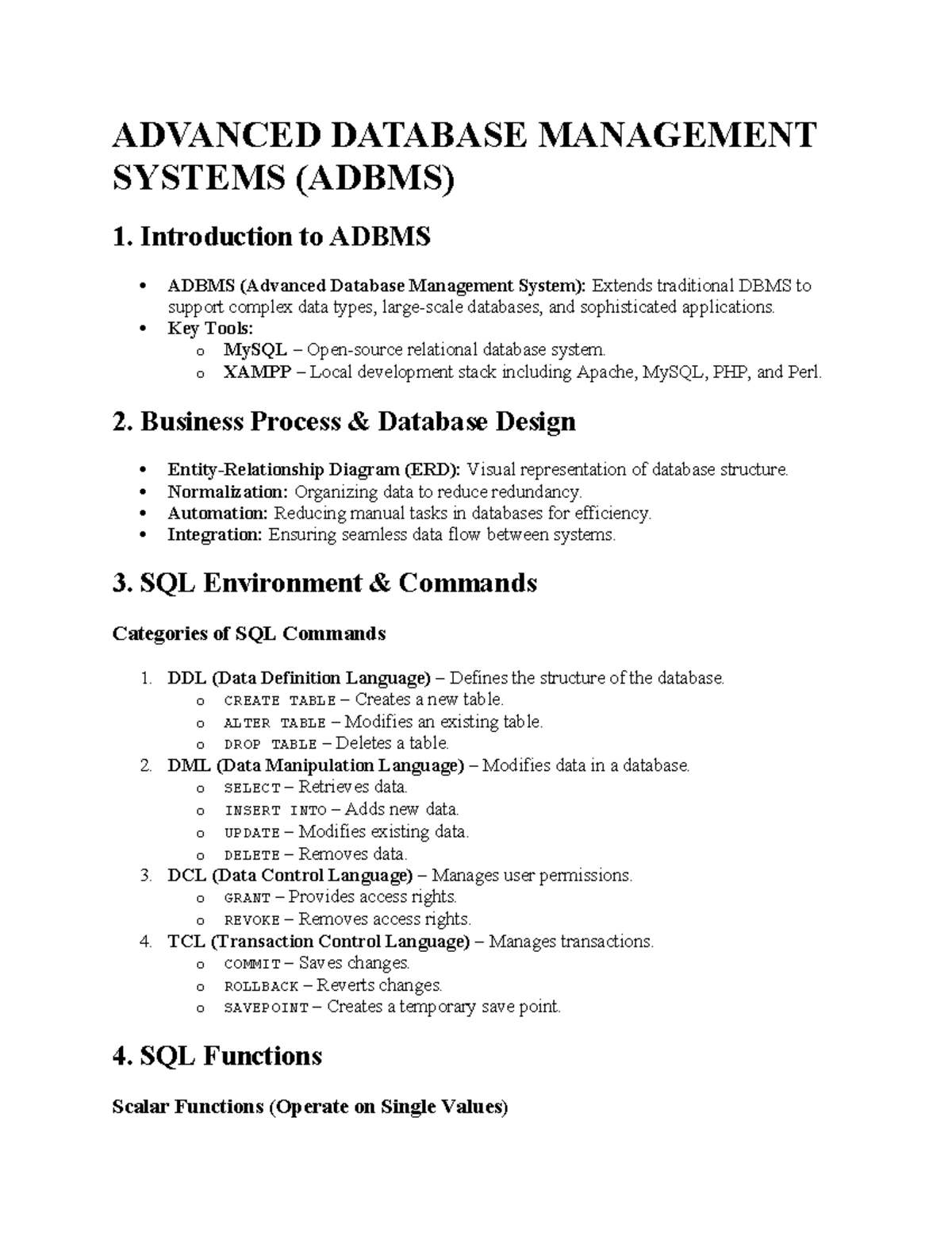 Advanced Database Management Systems (ADBMS) Overview and SQL Techniques - Studocu