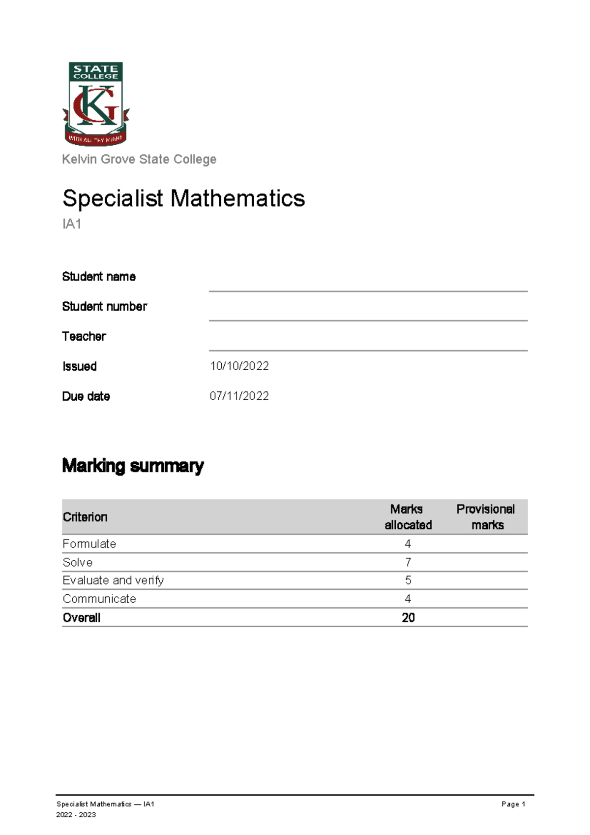 MAS IA1 PSMT: Problem-Solving & Modelling Task Overview - Studocu