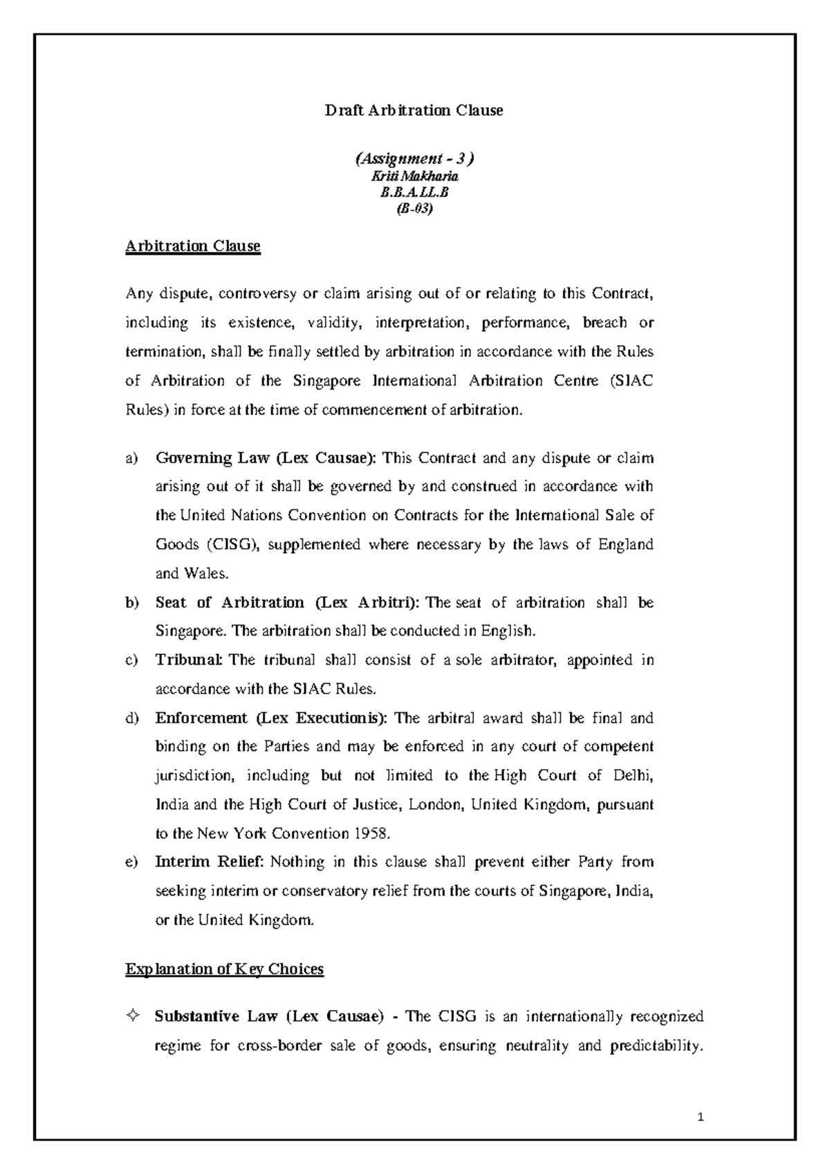Draft Arbitration Clause (Assignment 3) - B.B.A.LL.B - Studocu