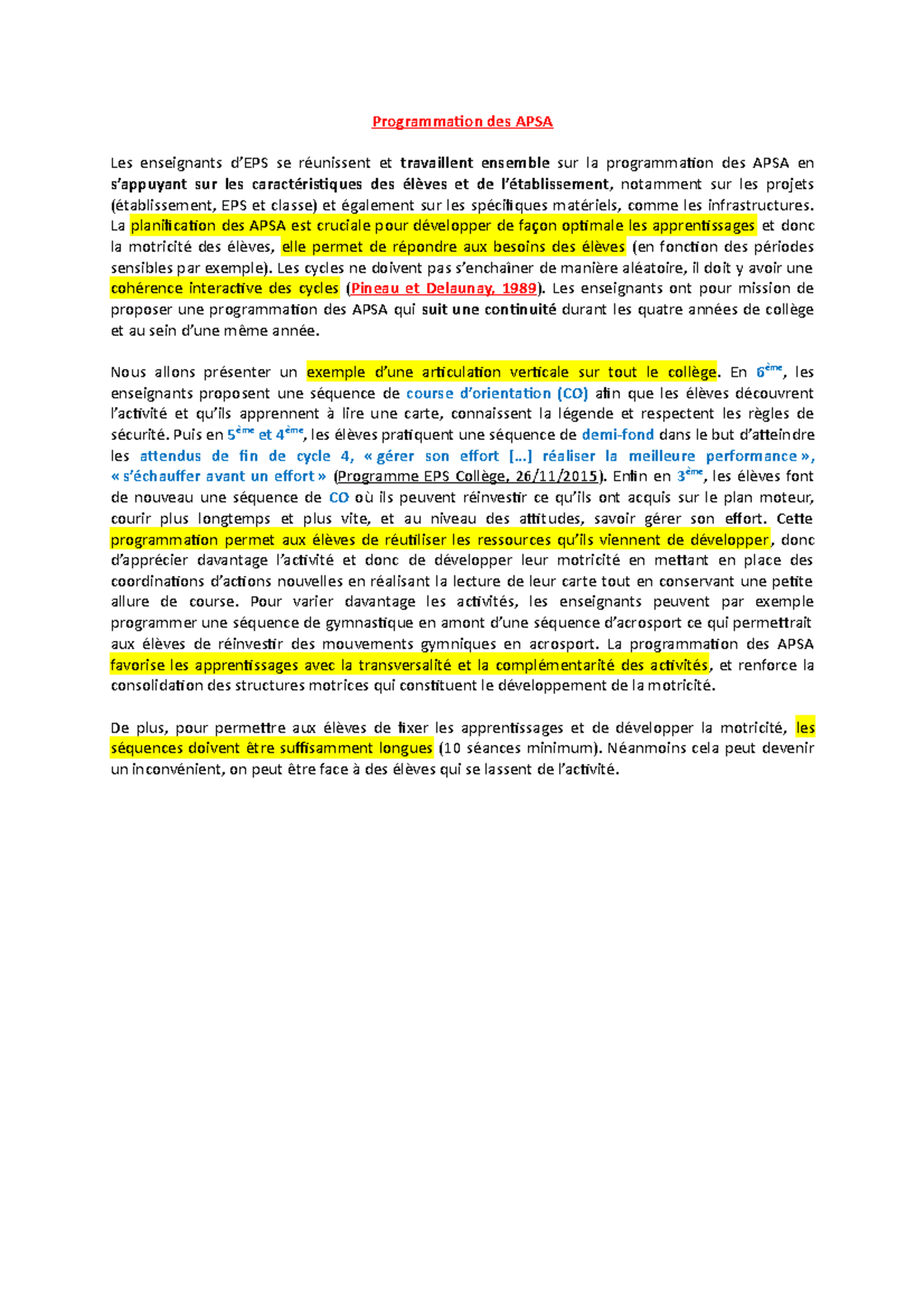 Programmation des APSA en EPS pour le Collège: Stratégies et Exemples ...