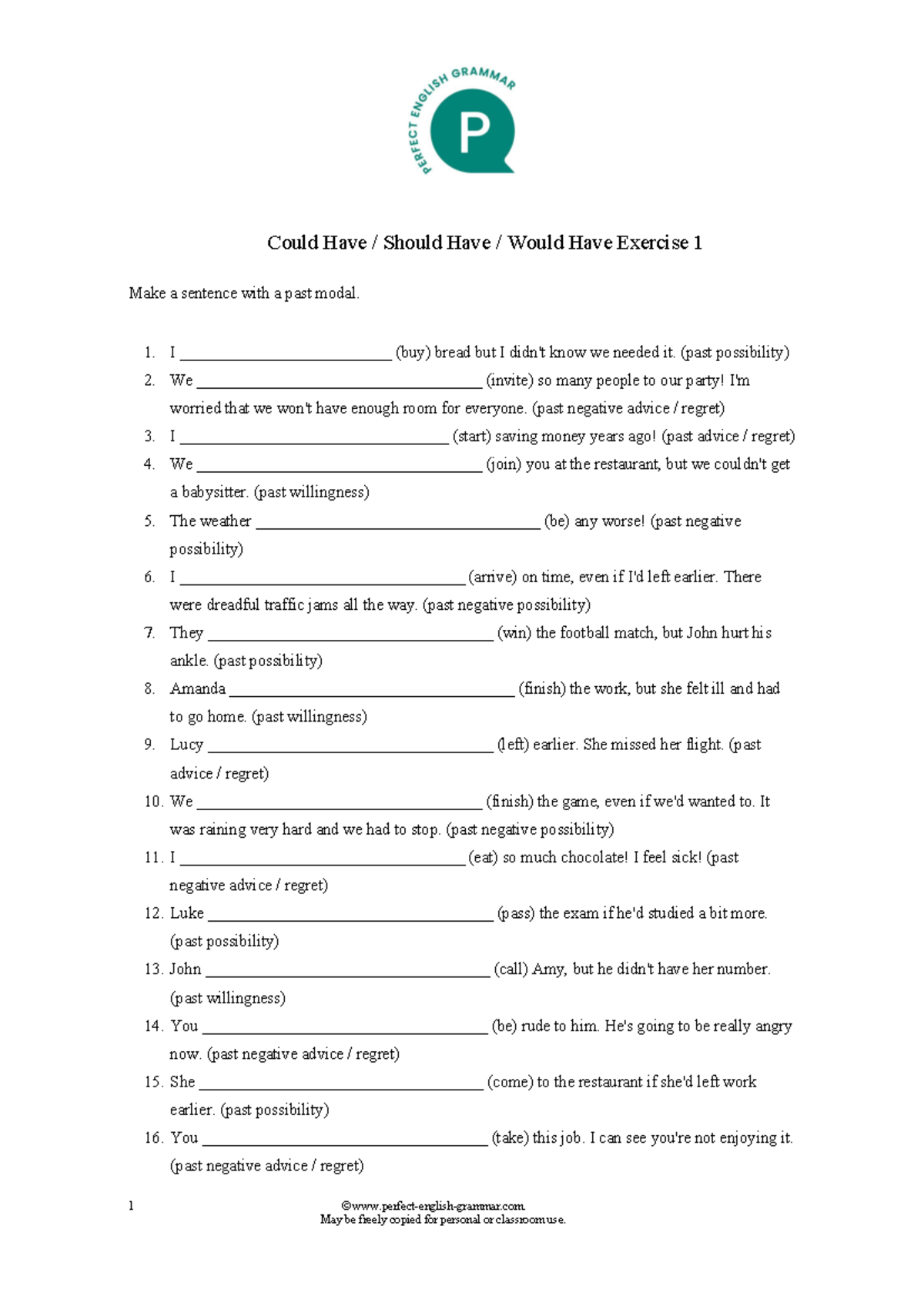 Exercises on Modals: Could Have, Should Have, Would Have - Studocu