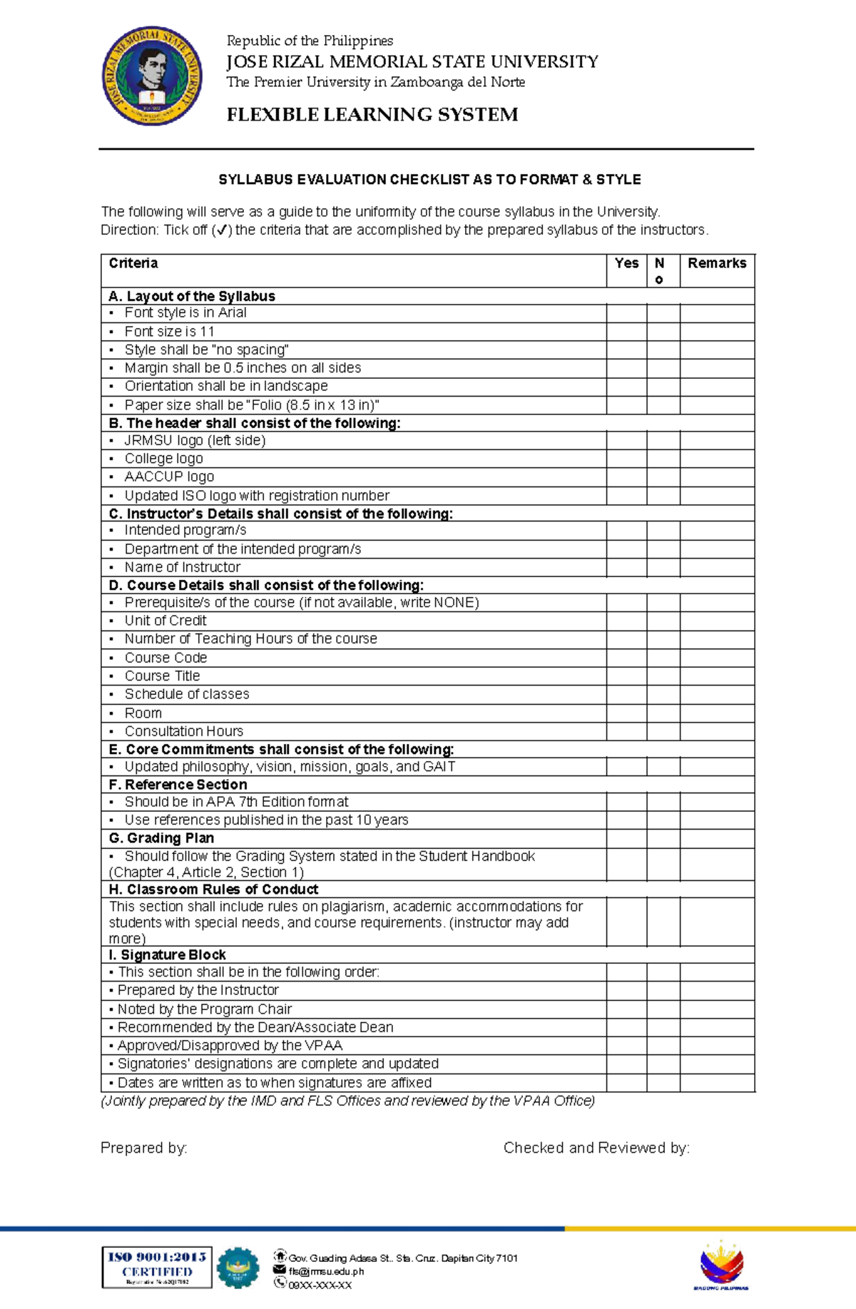 SYLLABUS EVALUATION CHECKLIST: FORMAT & STYLE (JRMSU) - Studocu