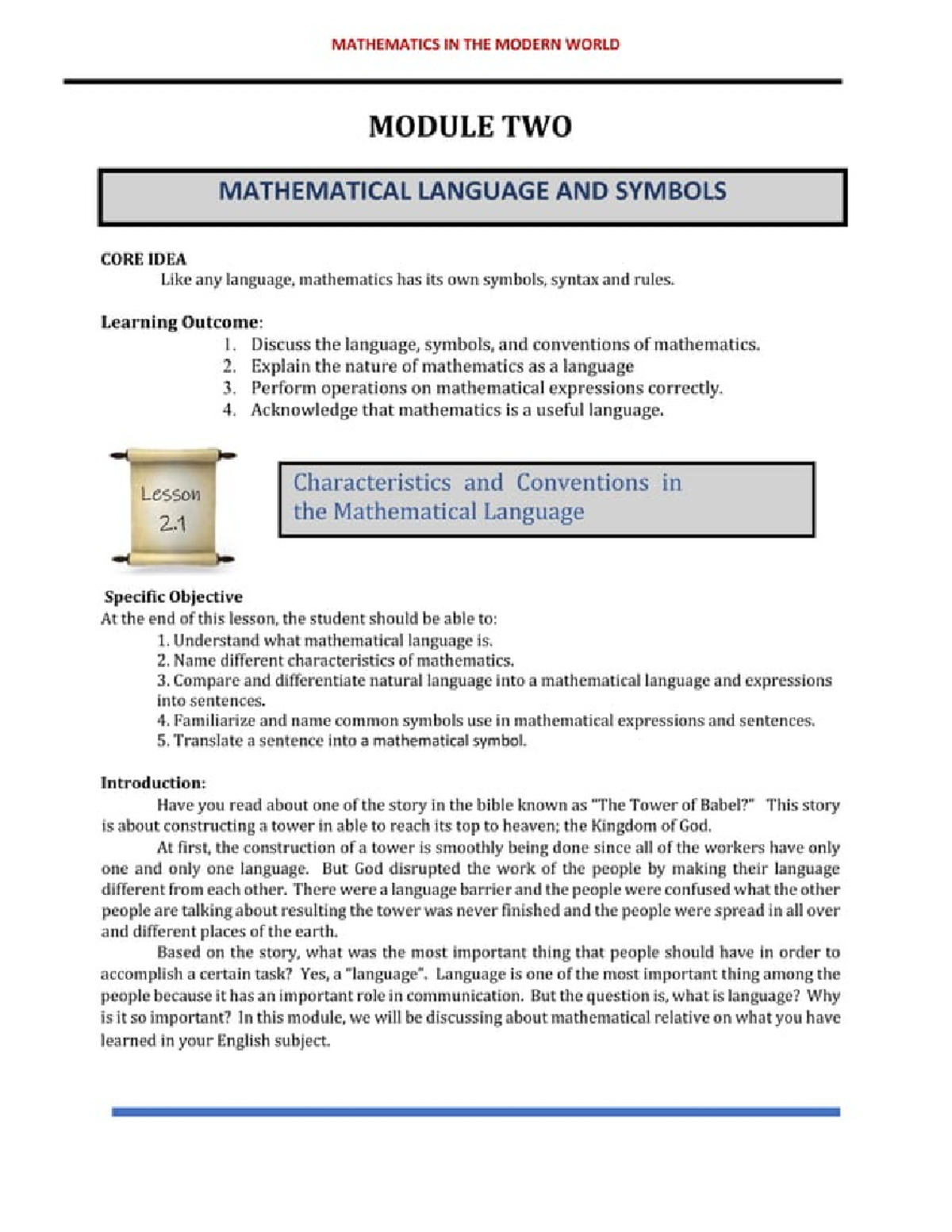 MMW Mod-2: Lecture Notes on Mathematical Language and Symbols - Studocu