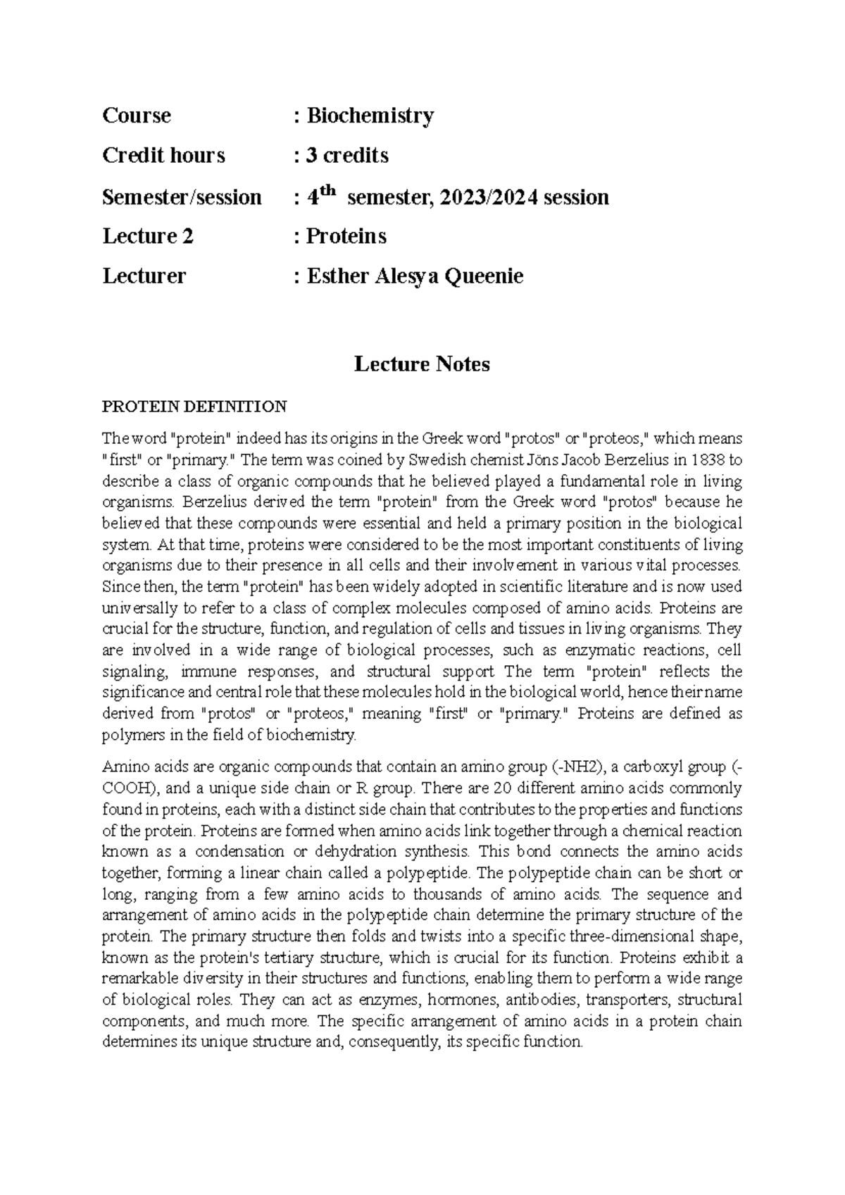 Biochemistry Lecture 2 Notes: Understanding Proteins & Their Functions ...