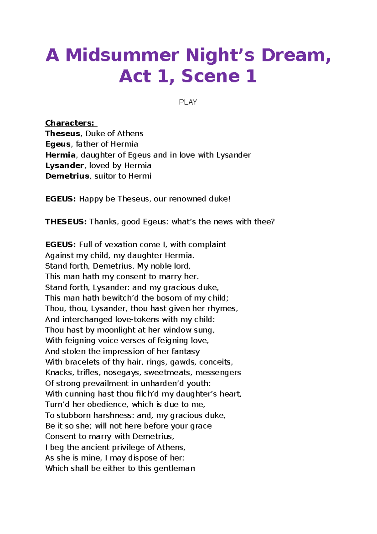 A Midsummer Night's Dream: Act 1, Scene 1 Analysis and Characters - Studocu