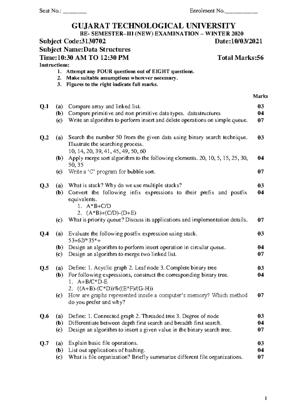 dsa question paper 2020 - 1 Seat No.: ________ Enrolment No ...