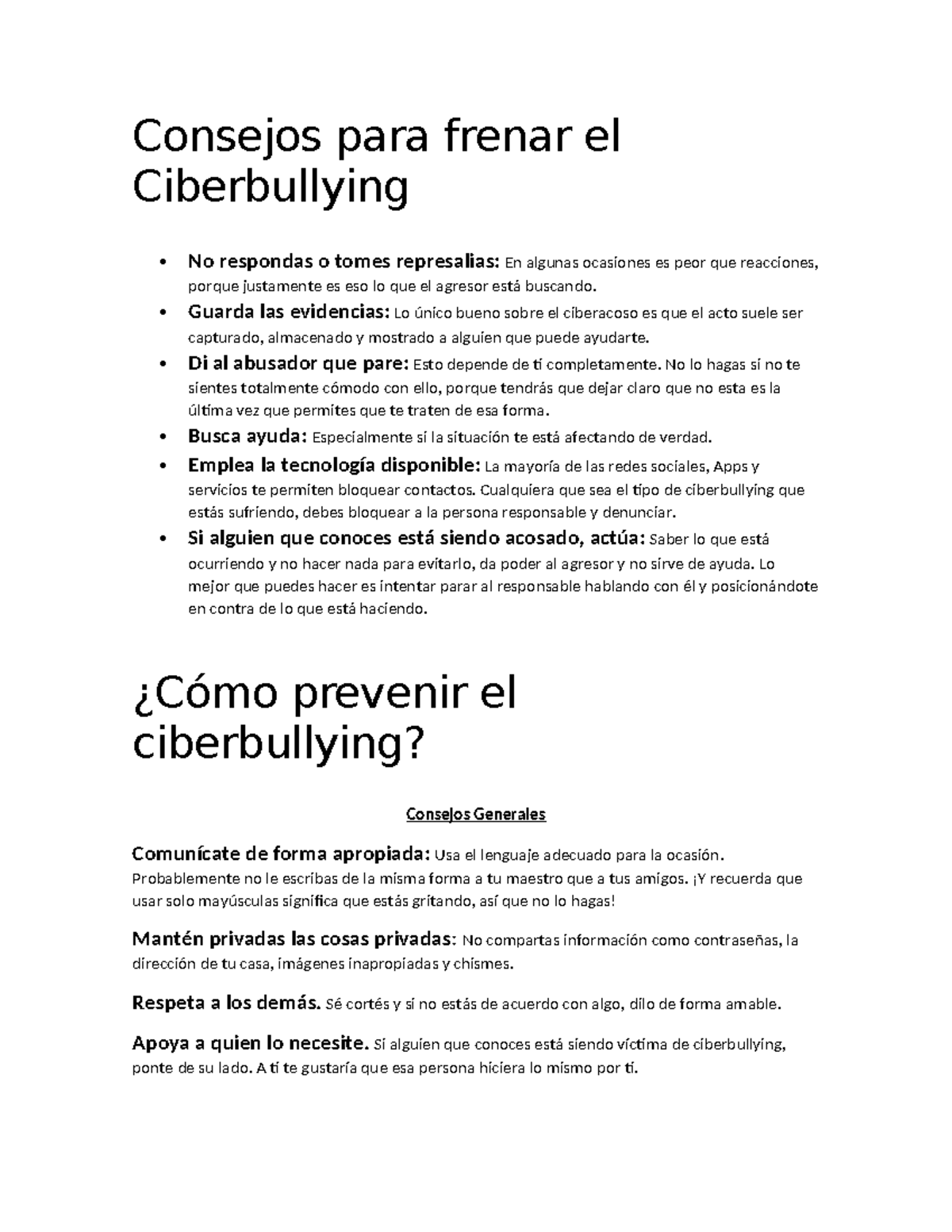 Trabajo de Sociales - Prevención y Consejos sobre Ciberbullying - Studocu