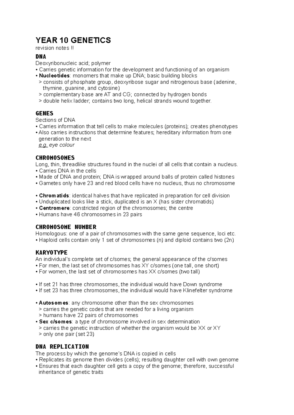 YEAR 10 Genetics: Revision Notes on DNA, Genes, and Inheritance - Studocu