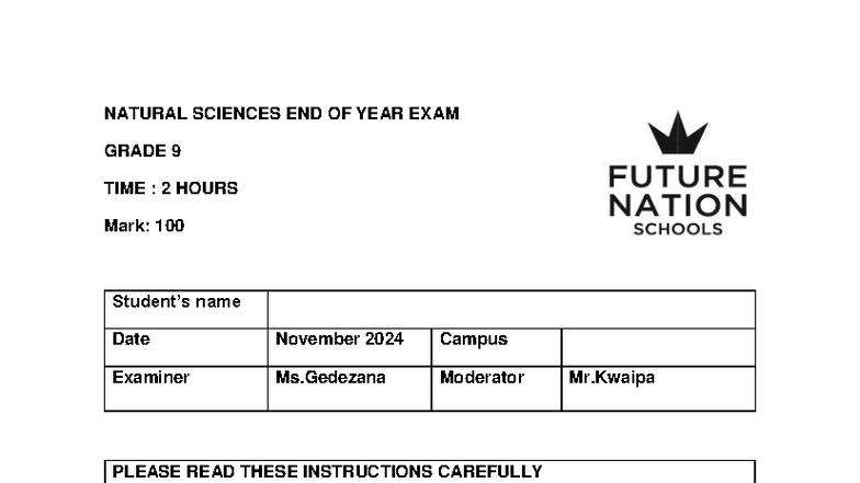 Natural Sciences Grade 9 End of Year Exam Practice 2024 - Studocu