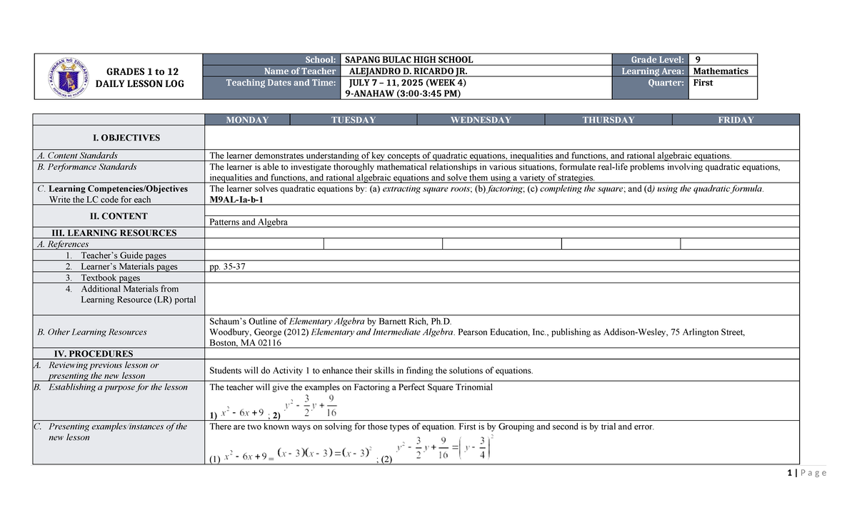 Mathematics Daily Lesson Log for Grade 9 (Q1) - Week 4 - Studocu