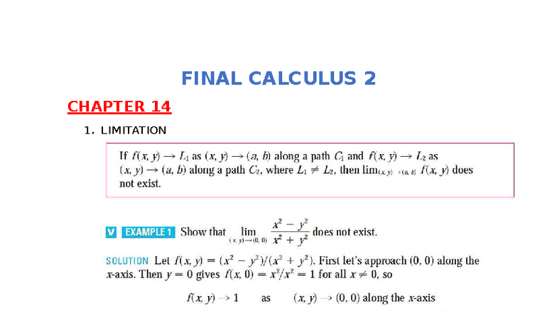 Final CAL2 - Calculus 2 - FINAL CALCULUS 2 CHAPTER 14 1. LIMITATION 2 ...