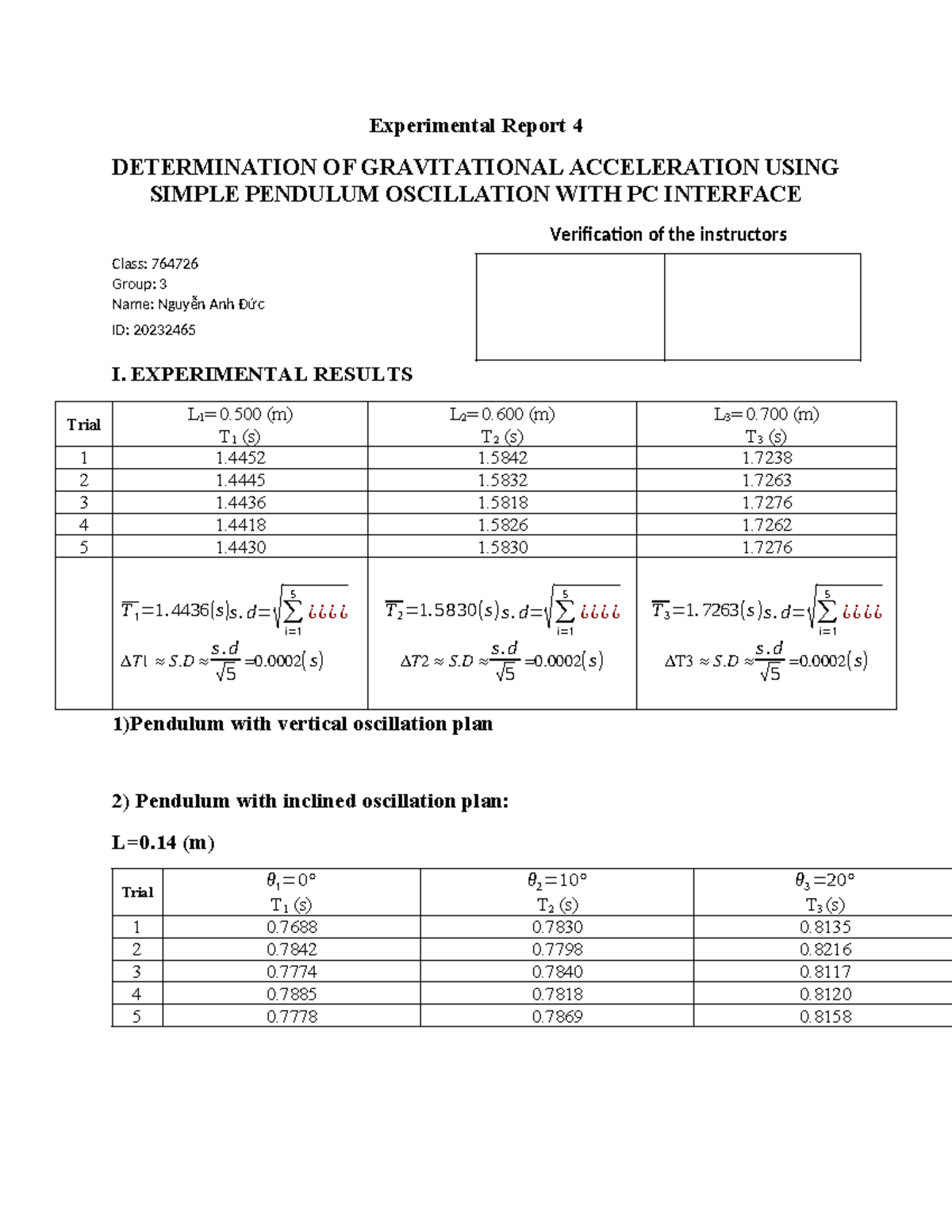 Experimental Report 4: Gravitational Acceleration via Pendulum ...