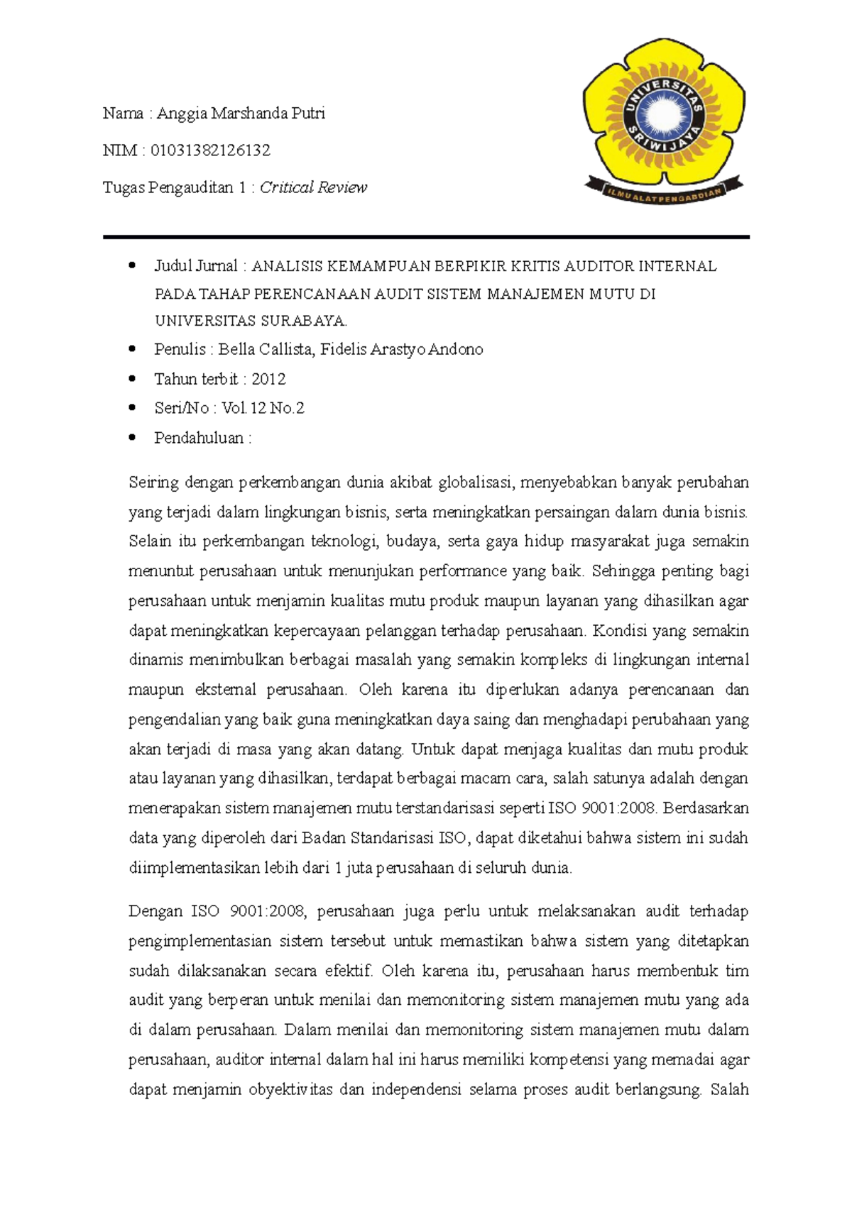 Tugas Critical Review Perencanaan Audit Anggia M - Nama : Anggia ...