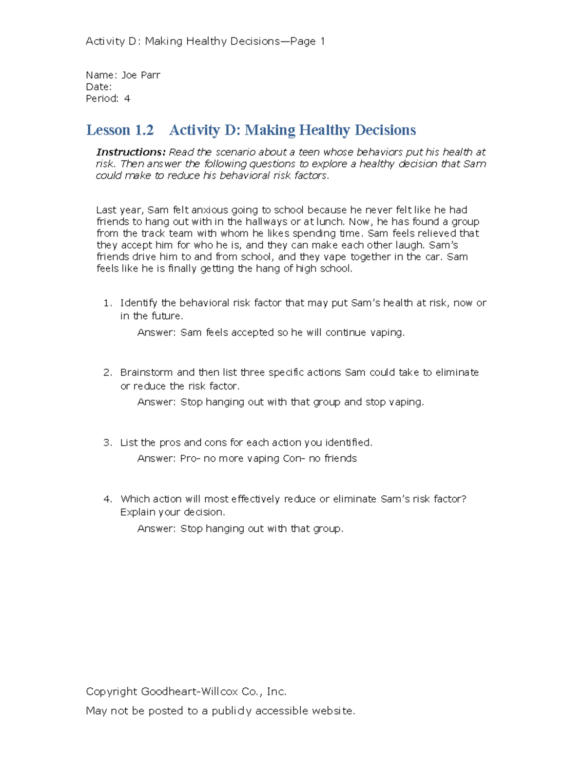 1.2 Activity D: Making Healthy Decisions - Joe Parr's Analysis - Studocu