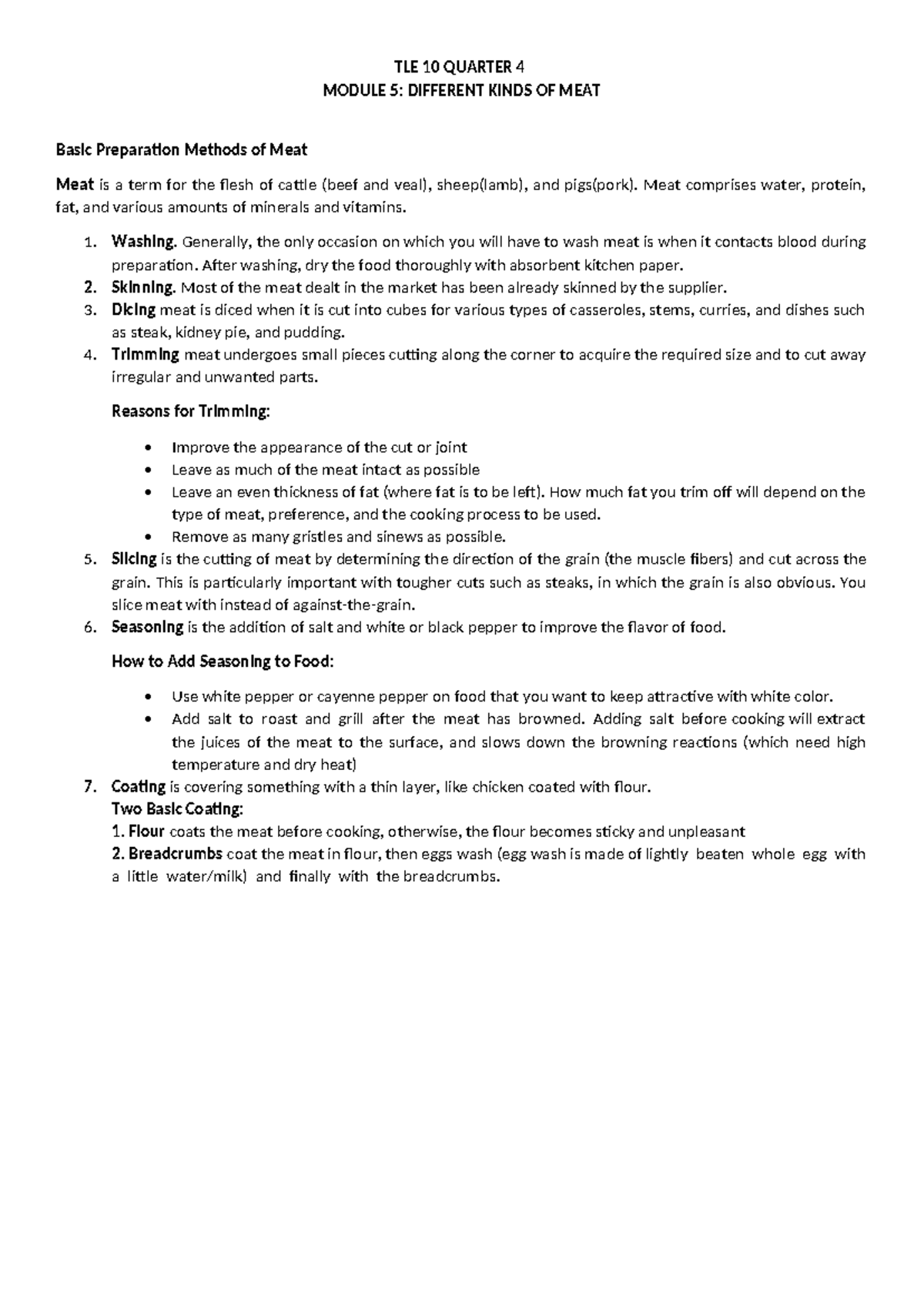 Cookery 10 Q4 Module 5: Meat Preparation & Cooking Techniques - Studocu