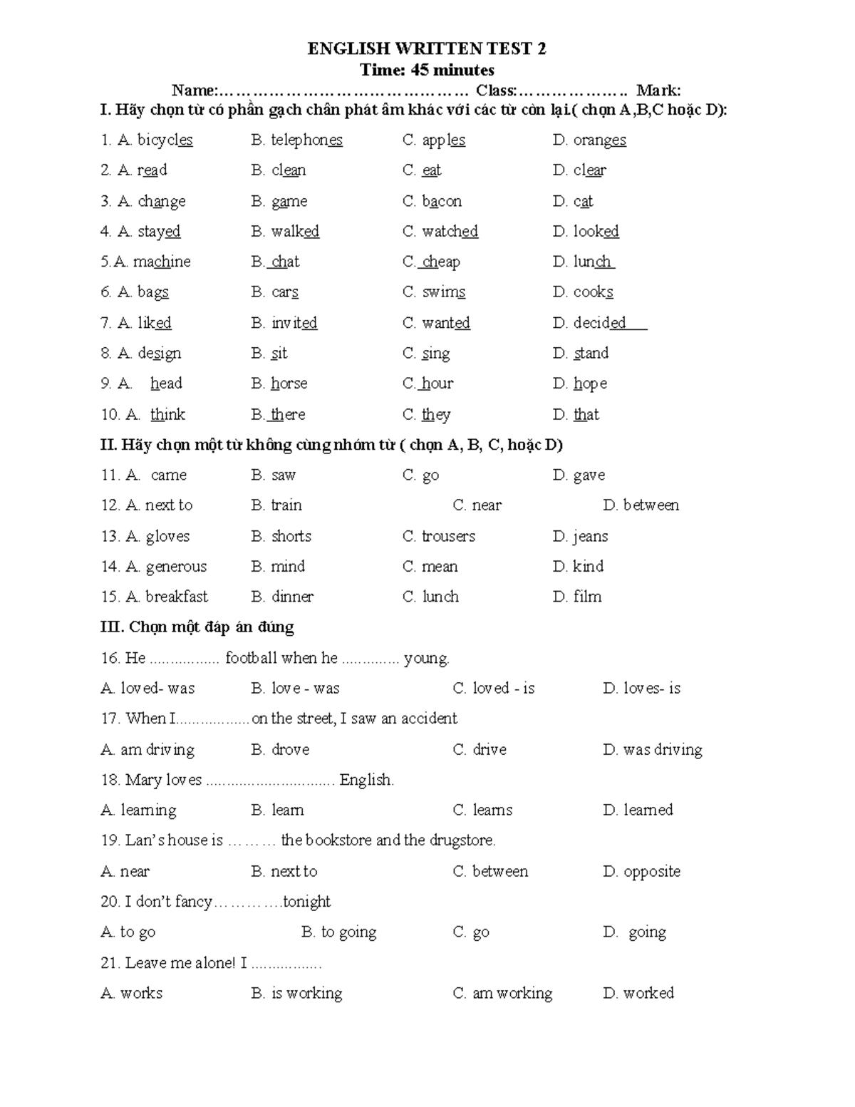 ENGLISH WRITTEN TEST 2 (45 MINUTES) - Pronunciation & Grammar - Studocu