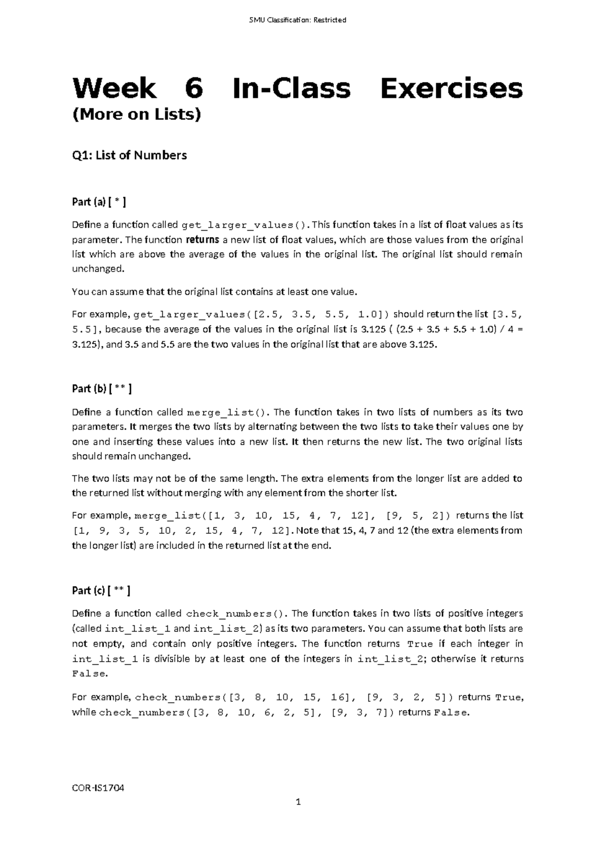 SMU In-Class Exercises: Week 6 - Lists & Functions - Studocu