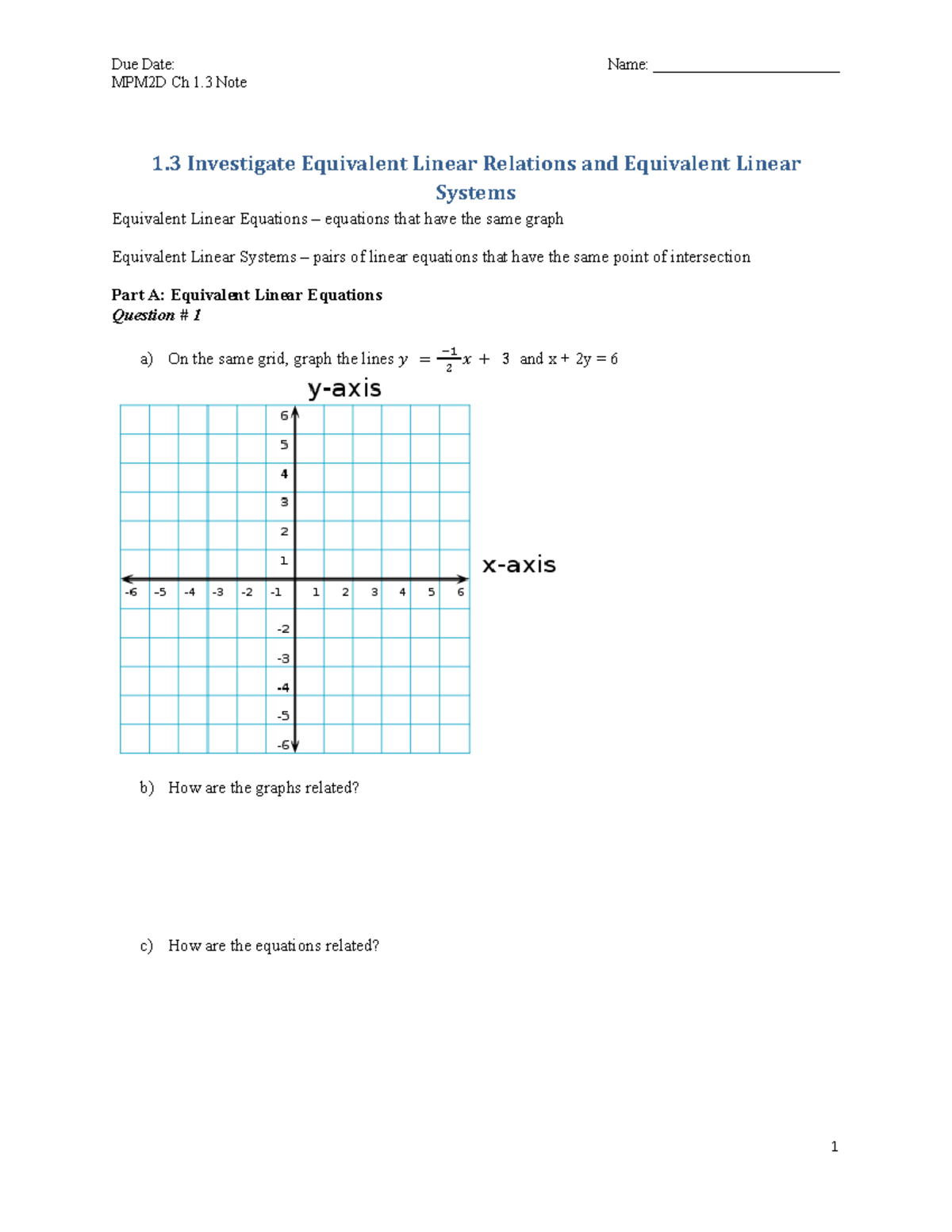MPM2D Ch 1.3 Assignment: Investigating Equivalent Linear Relations - Studocu