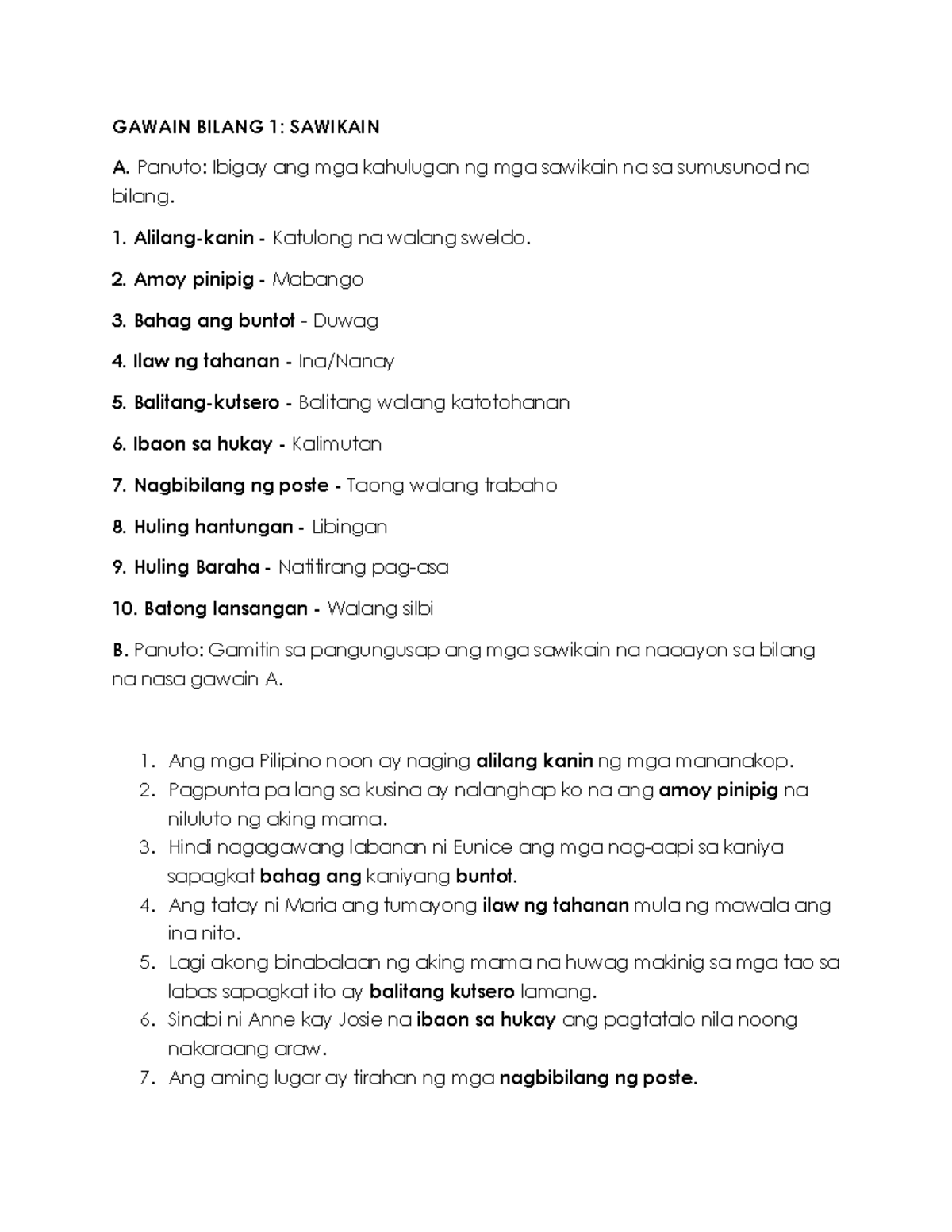 Sawikain: Kahulugan at Gamit ng mga Sawikain sa Filipino - Studocu