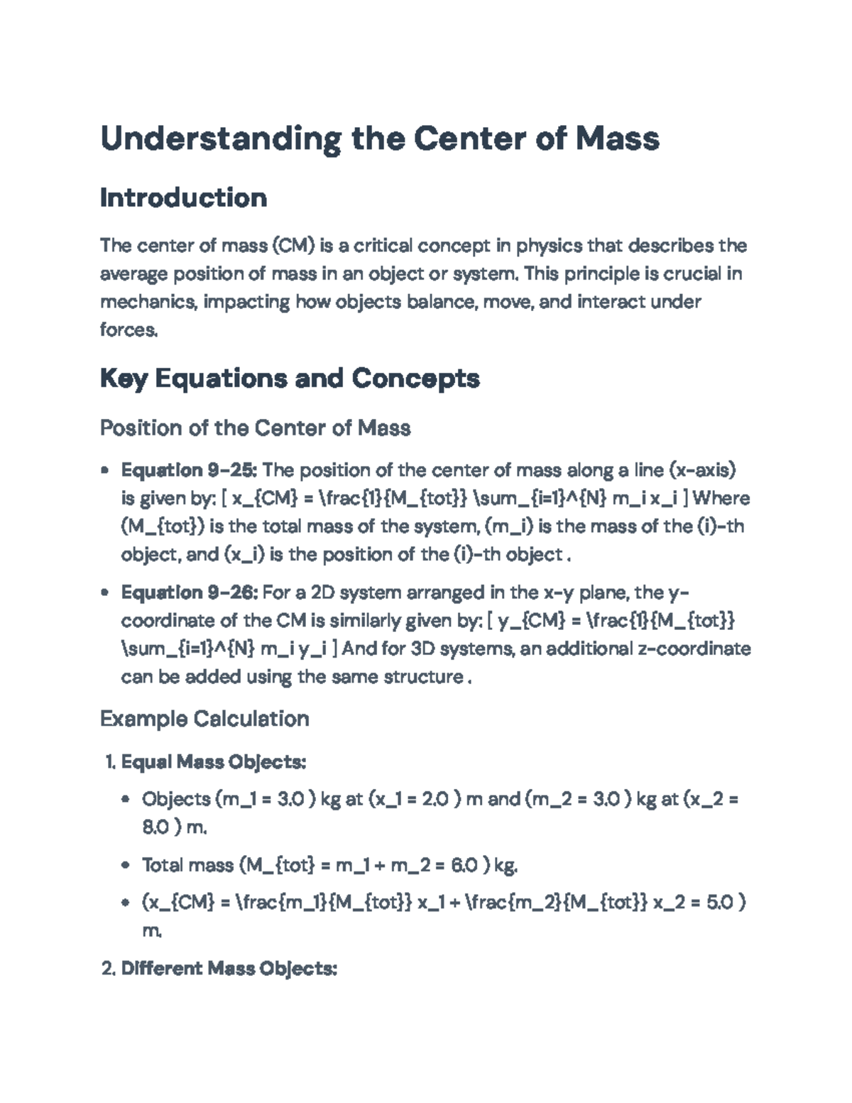 Center of Mass Concepts and Calculations in Physics (PHYS 101 ...