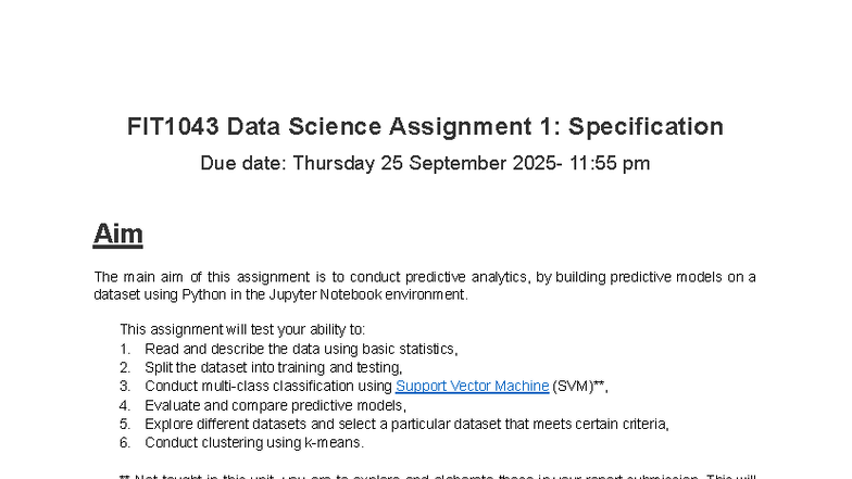 FIT1043 Data Science Assignment 1: Predictive Analytics Overview - Studocu