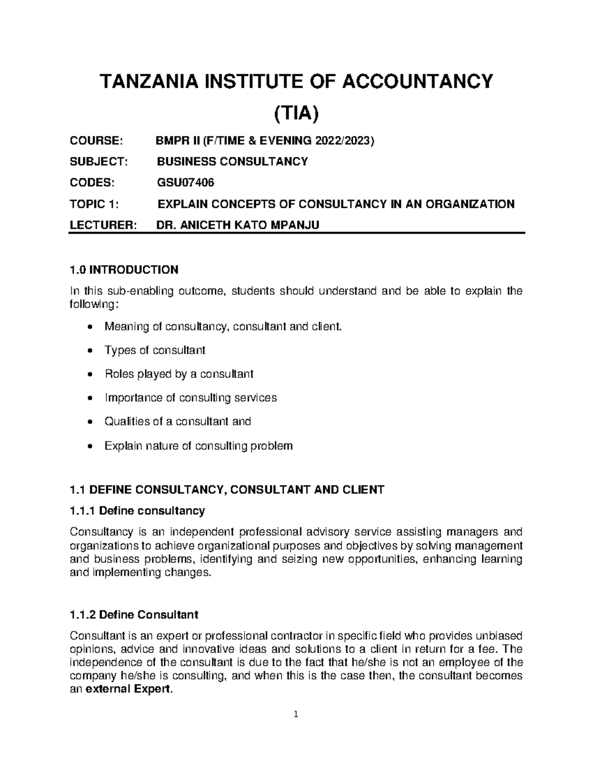 BMPR II GSU: Concepts of Consultancy in Organizations - Lecture Notes ...