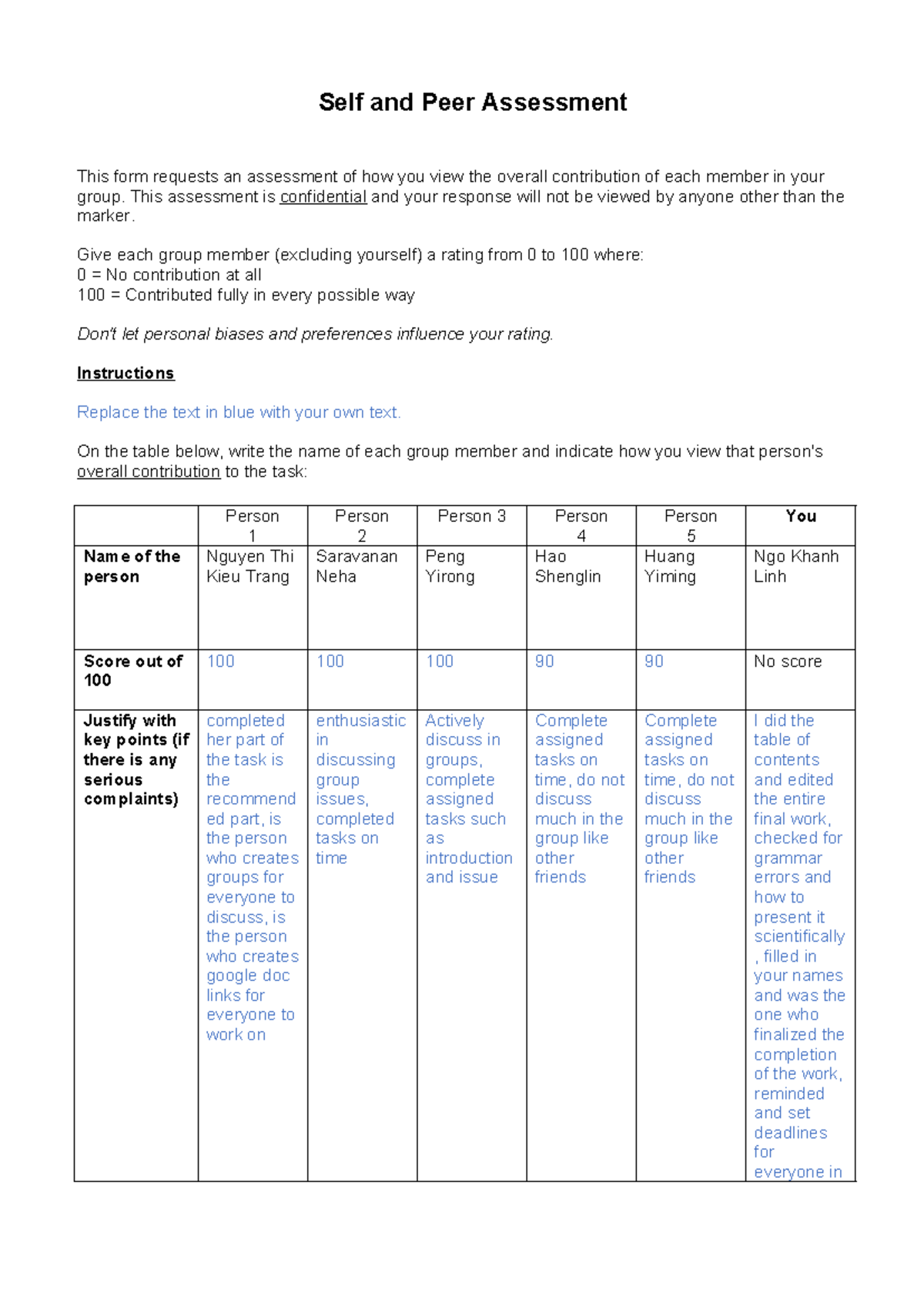 Peer Evaluation - jhjk - Self and Peer Assessment This form requests an ...