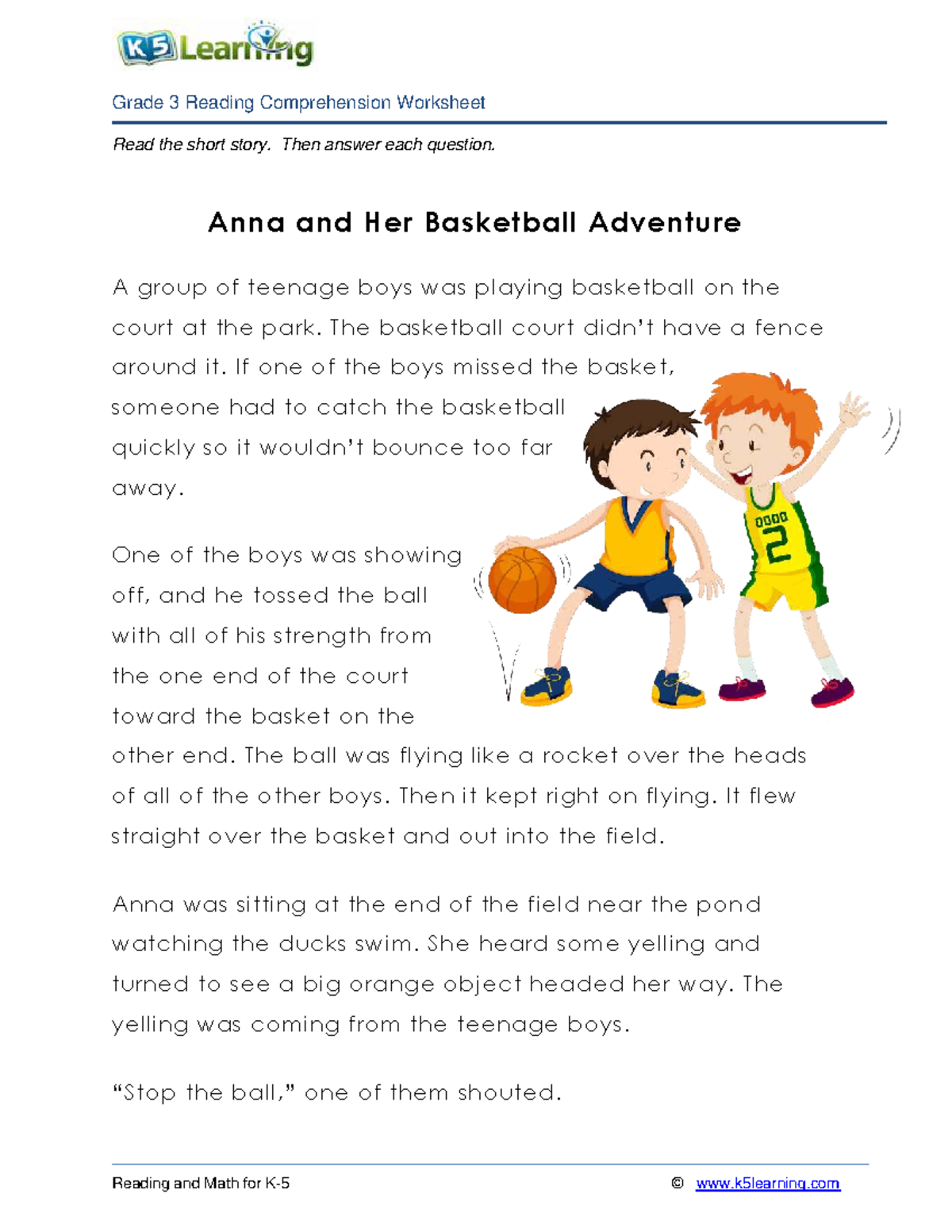 Grade 3 Reading Comprehension: Anna's Basketball Adventure Worksheet ...