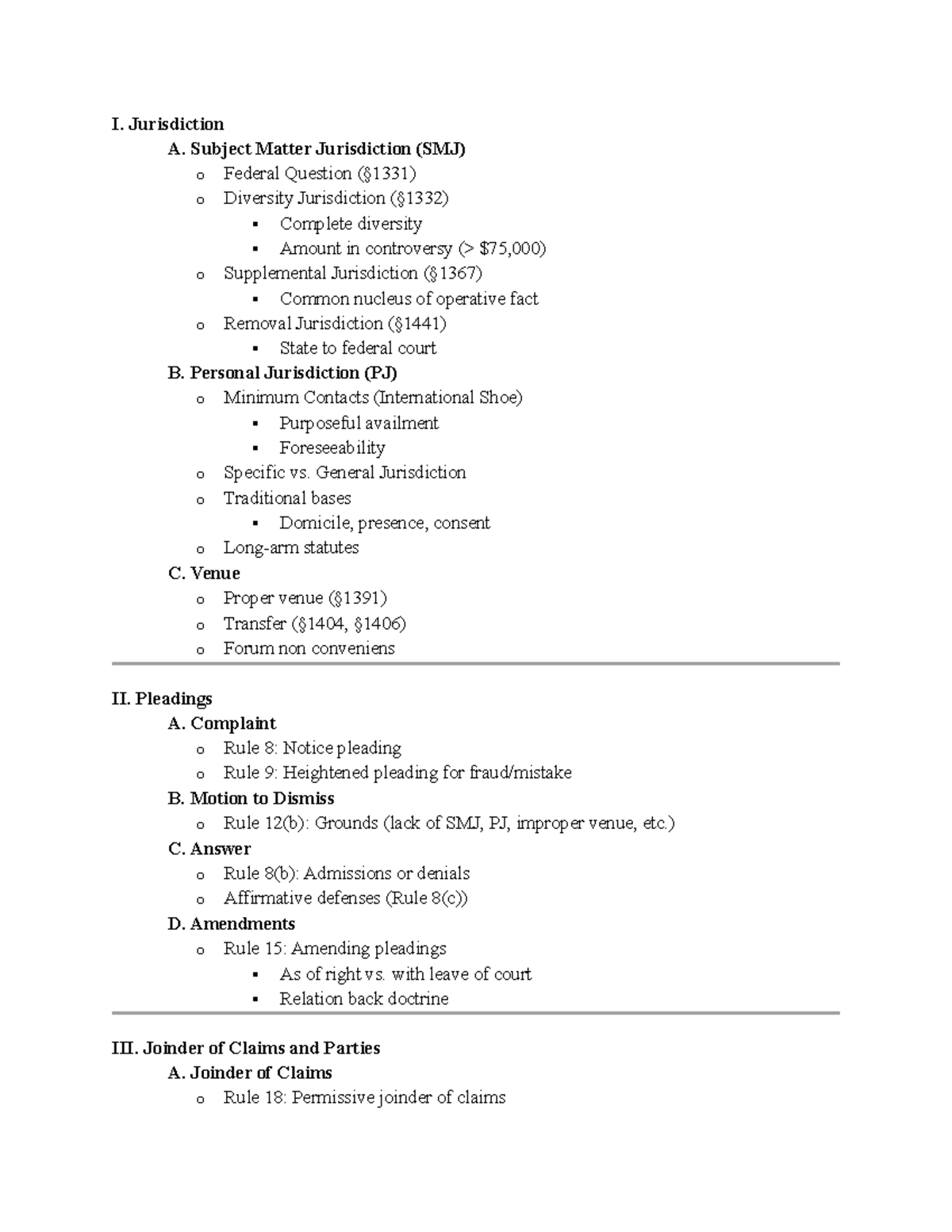 Civ Pro Outline - Basic Structure with Cases for civil procedure exam ...