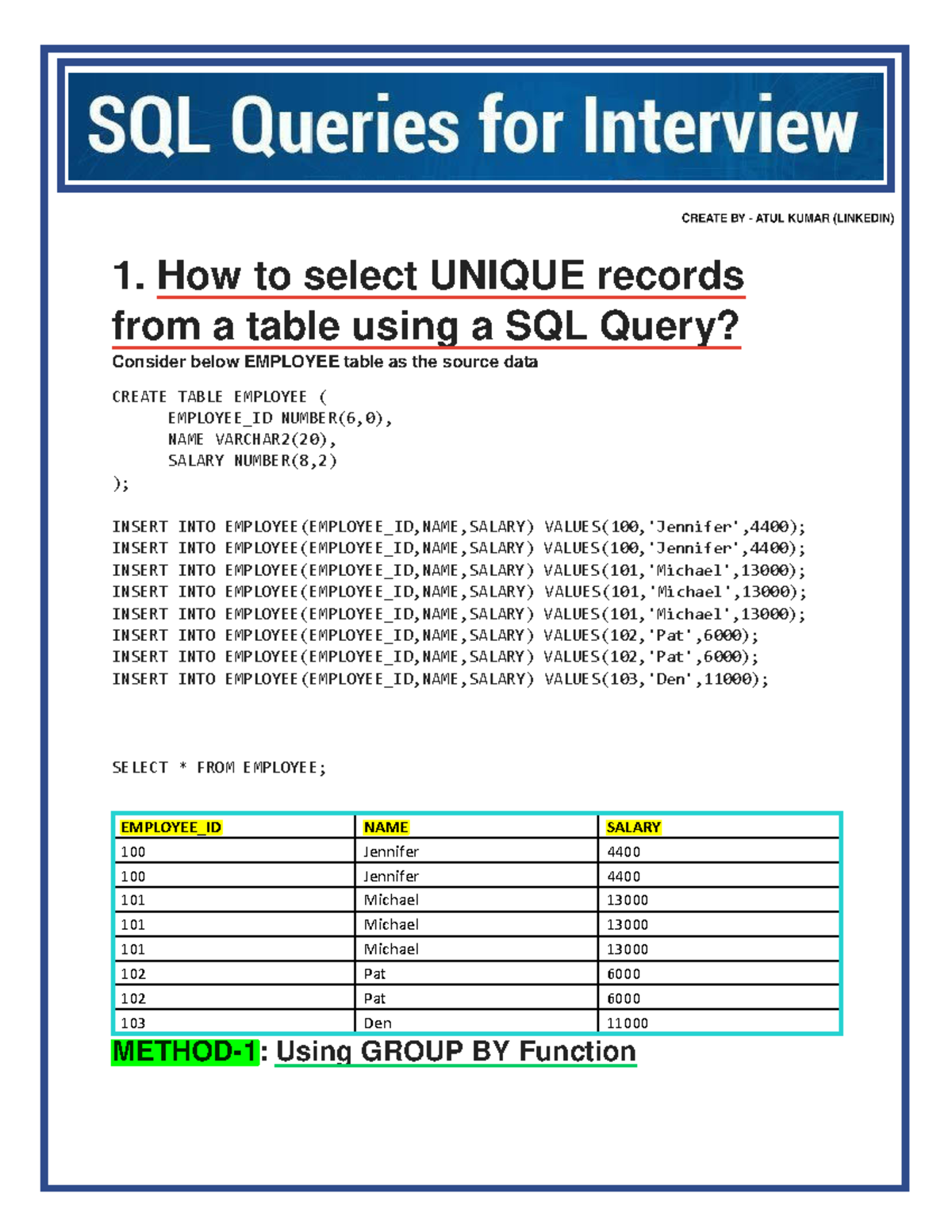 SQL Solved Queries 💡 - Database SQL language - 1. How to select UNIQUE records from a table ...
