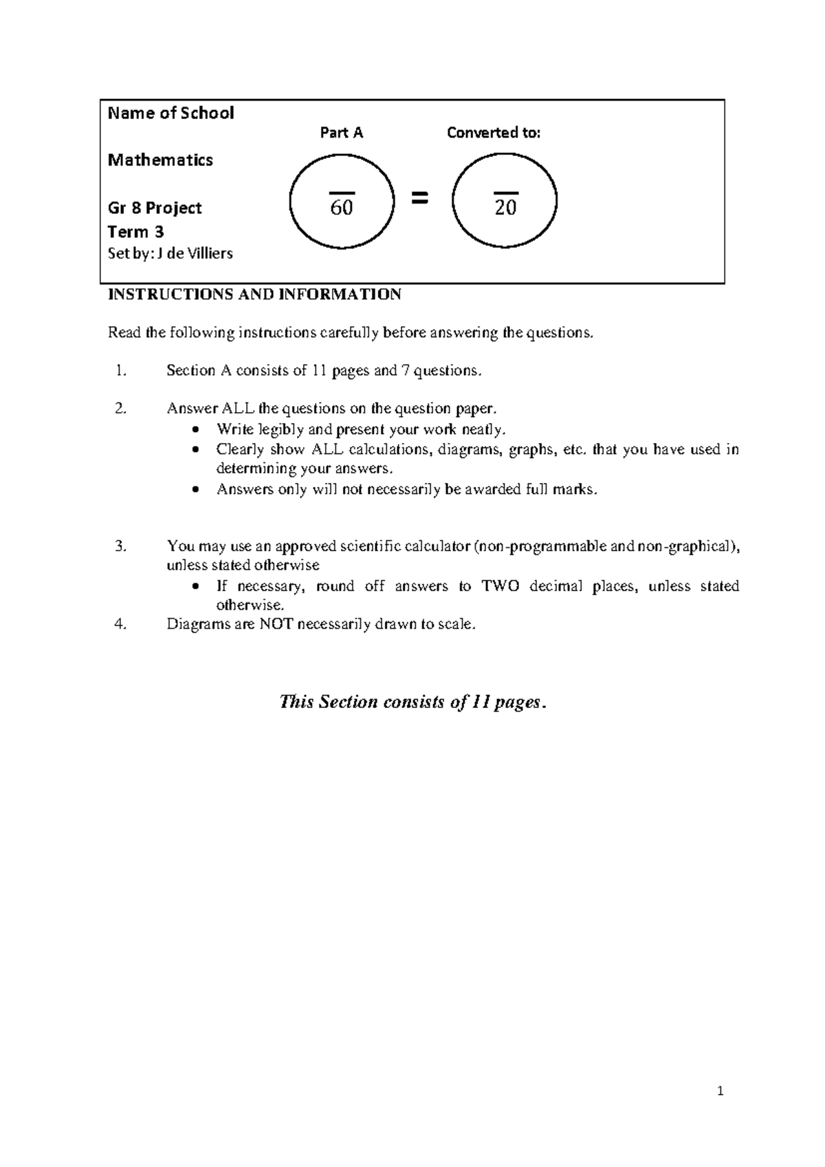 GR8 Maths Project: Algebra Instructions & Assessment TERM 3 2022 - Studocu