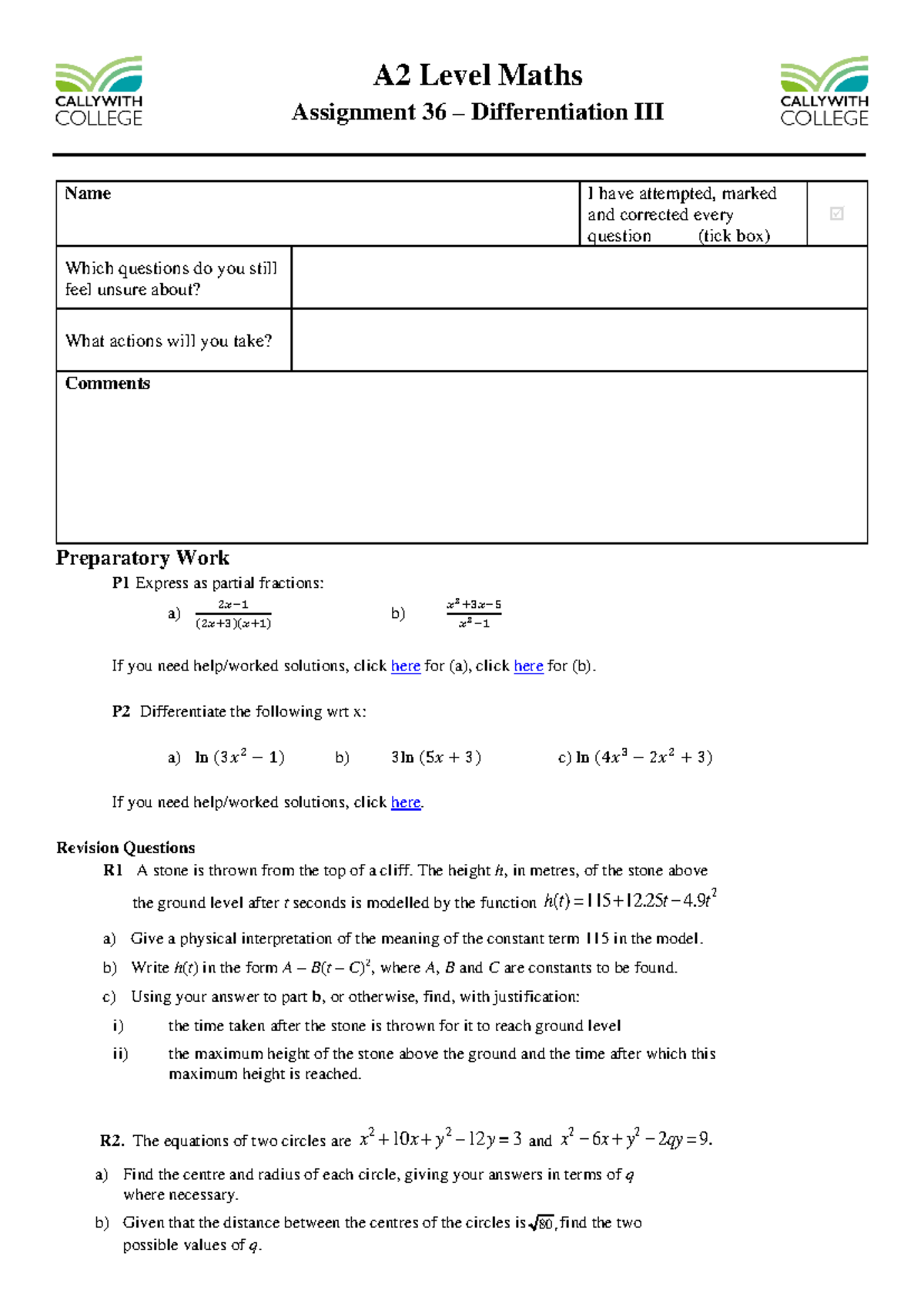 Assignment 36 - Differentiation III - A2 Level Maths Assignment 36 – Differentiation III Name I ...