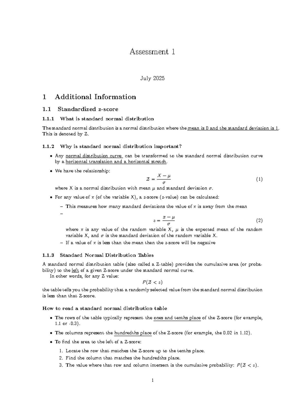 Assessment 1 - Standard Normal Distribution & Empirical Rule Notes ...