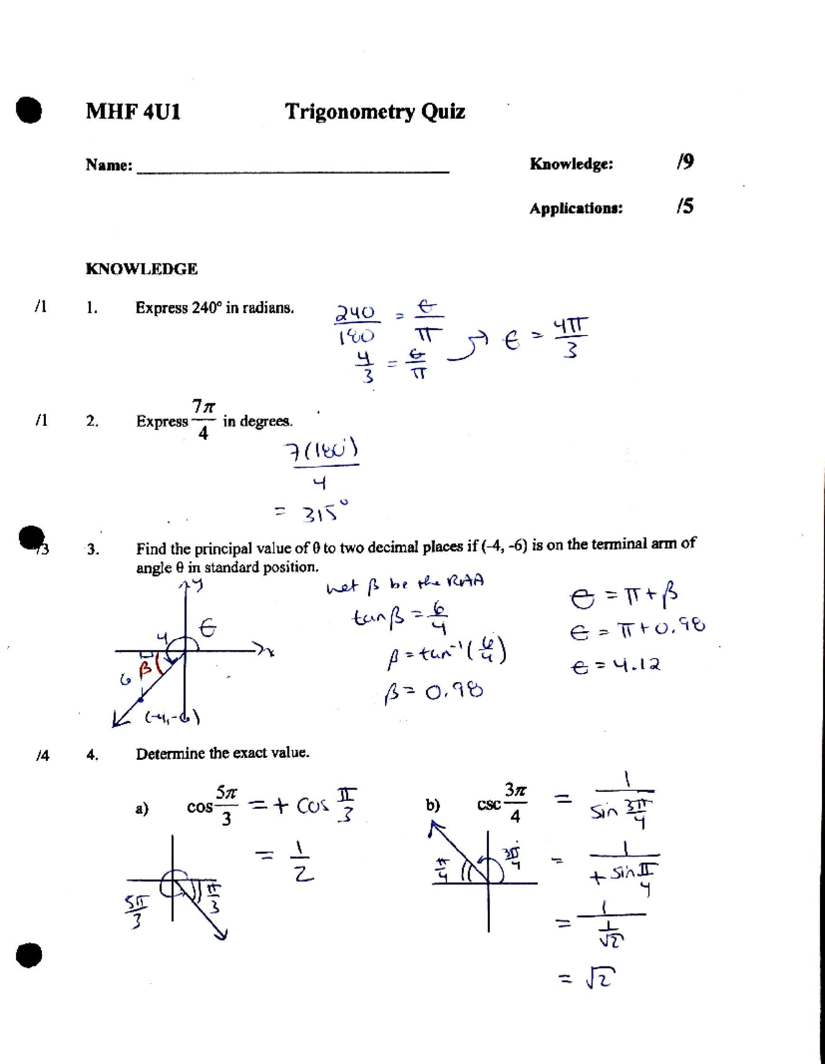 Trigonometry Quiz Solutions - MHF 4U1 Trigonometry Quiz Name: Knowledge ...