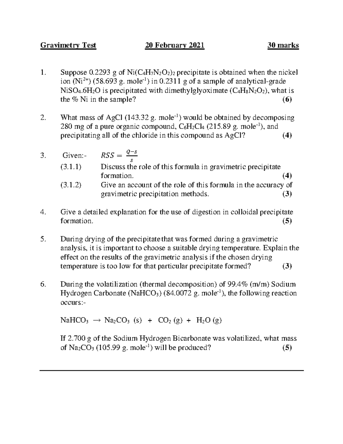 Gravimetry Test - Analytical Chemistry 1 (20 Feb 2021) - Studocu