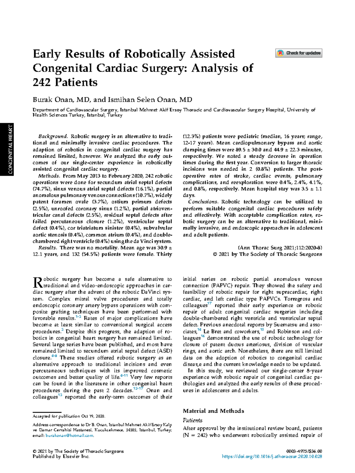 Early Outcomes of Robotic Congenital Cardiac Surgery: A Study of 242 ...