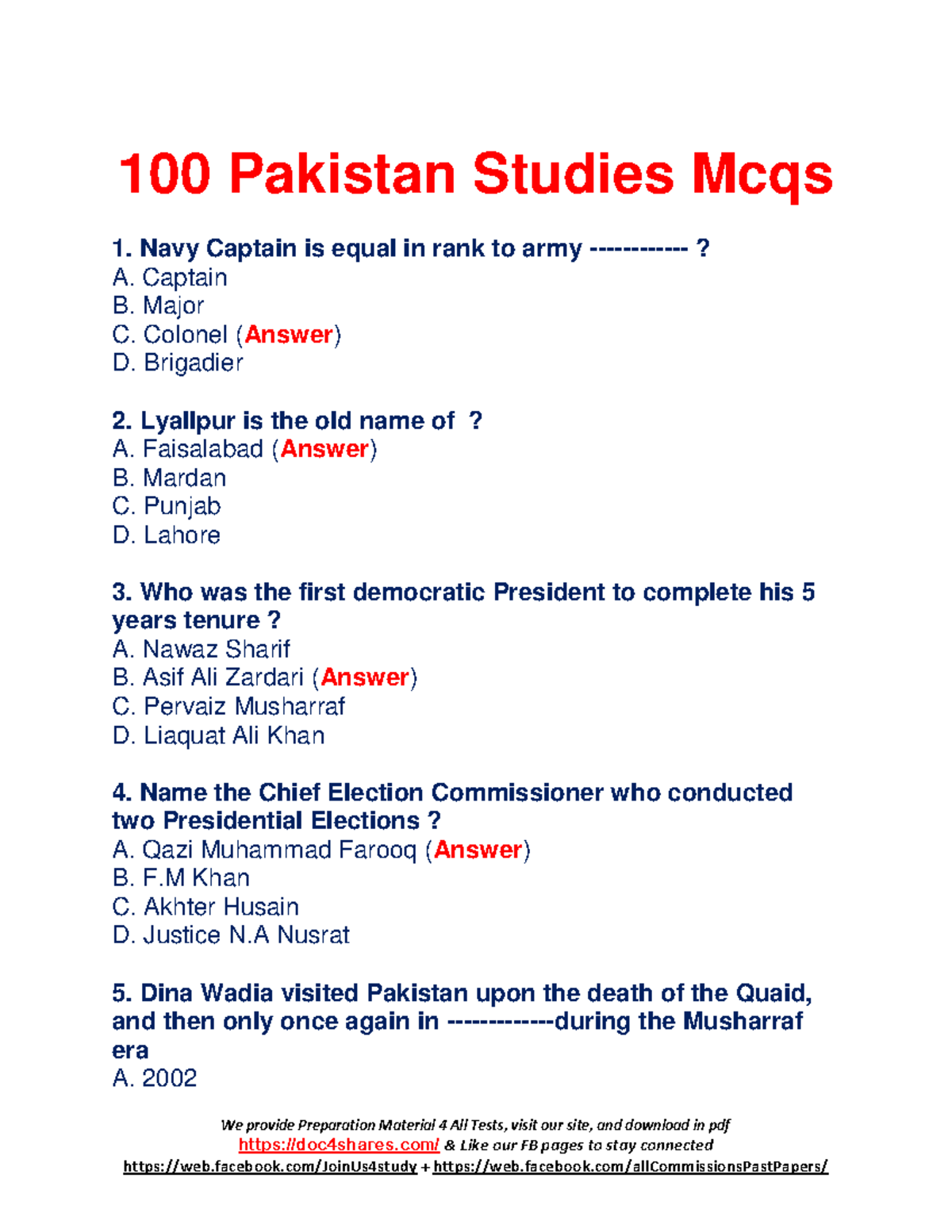 100 Pakistan Studies Mcqs - We provide Preparation Material 4 All Tests ...