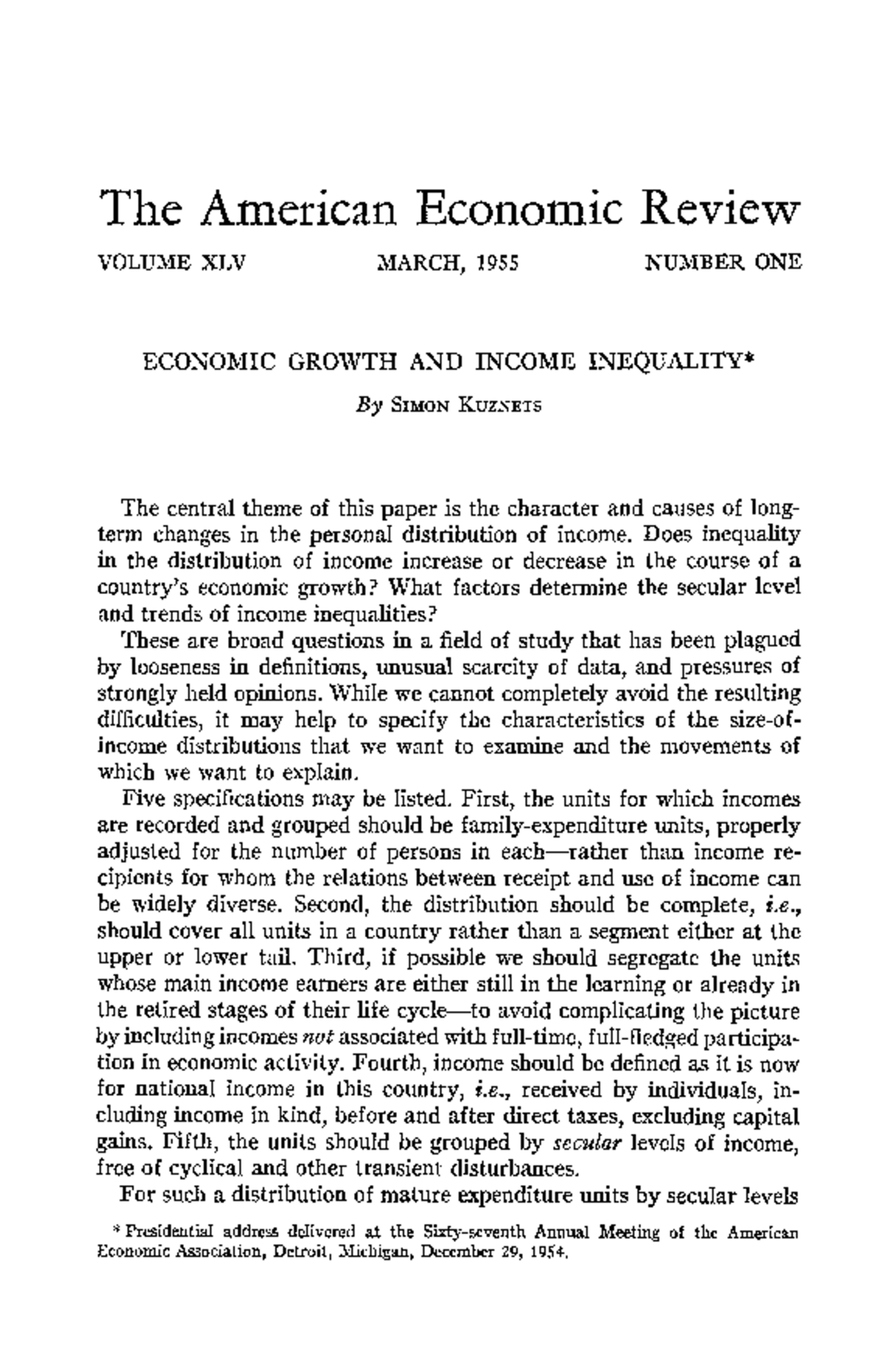 Kuznets (1955) - Economic Growth and Income Inequality Analysis - Studocu