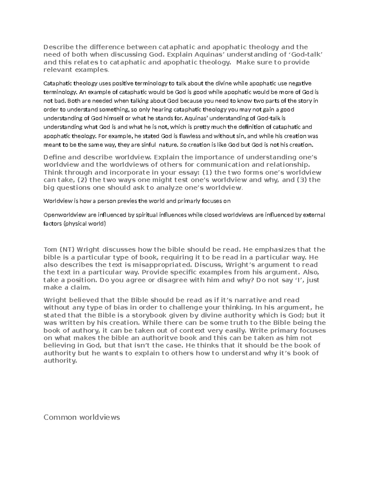 CWV HN Exam 1: Exploring Cataphatic & Apophatic Theology and Worldviews ...