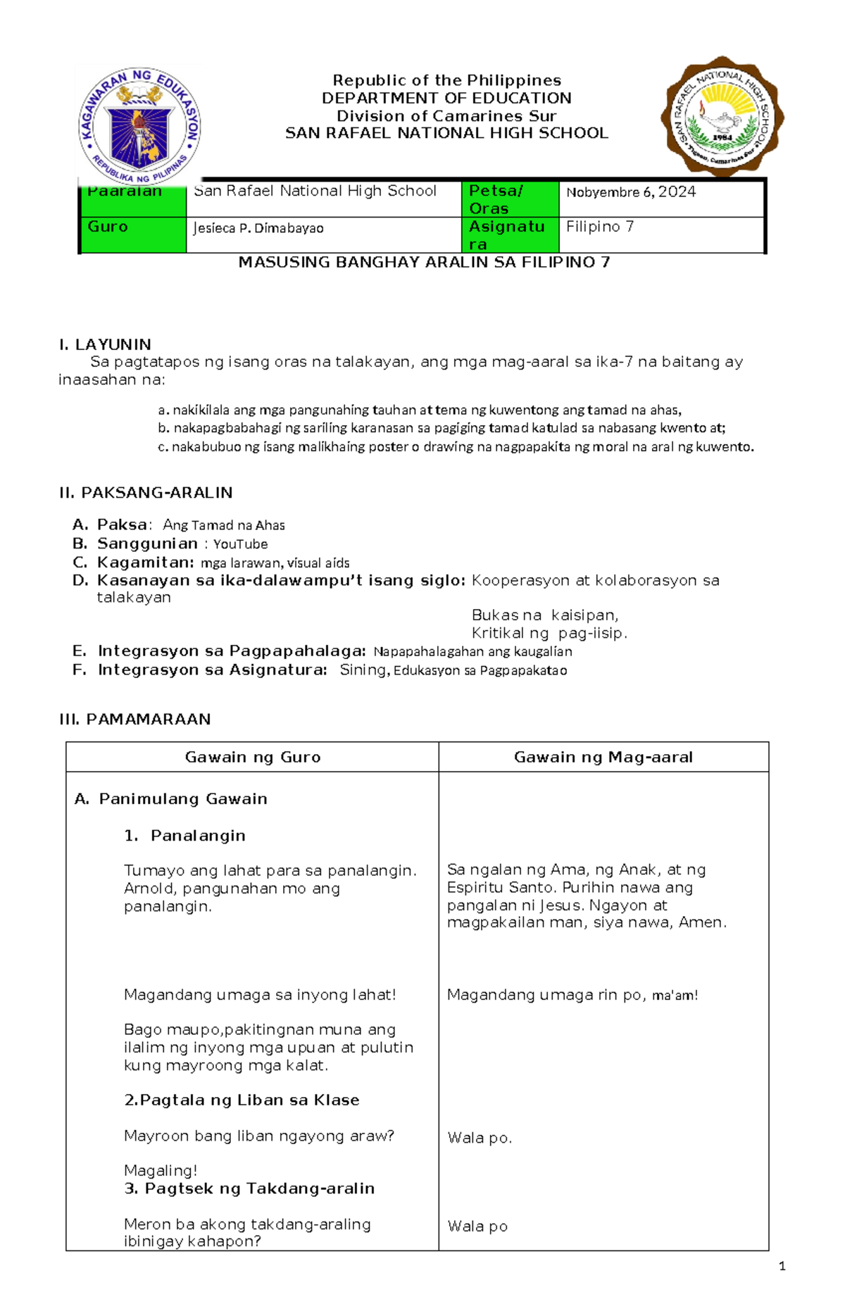 Masusing Banghay Aralin sa Filipino 7: Ang Tamad na Ahas - Studocu