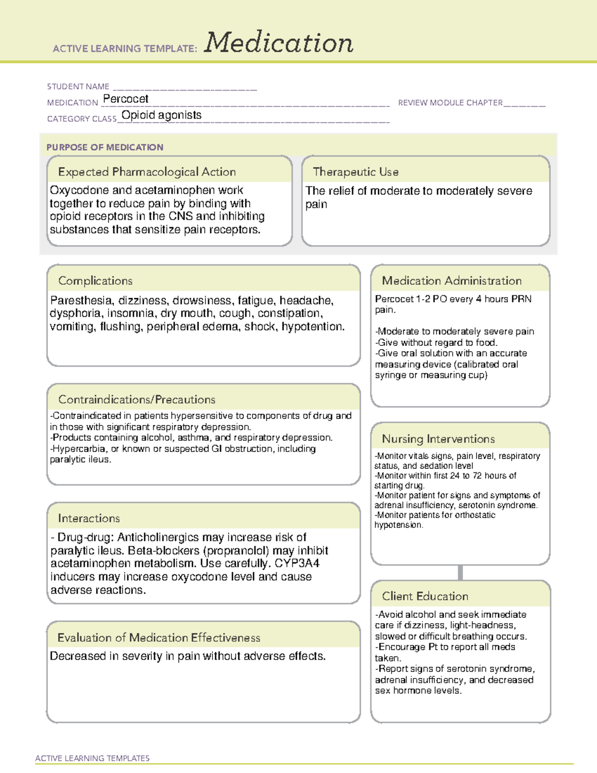 Active Learning Template: Percocet Medication Overview - Studocu
