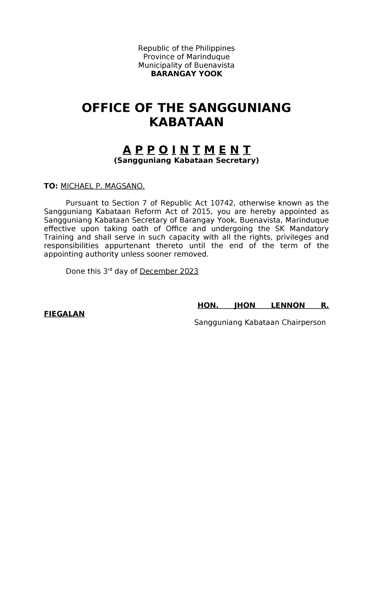 Sangguniang Kabataan Secretary Appointment Template - Marinduque - Studocu