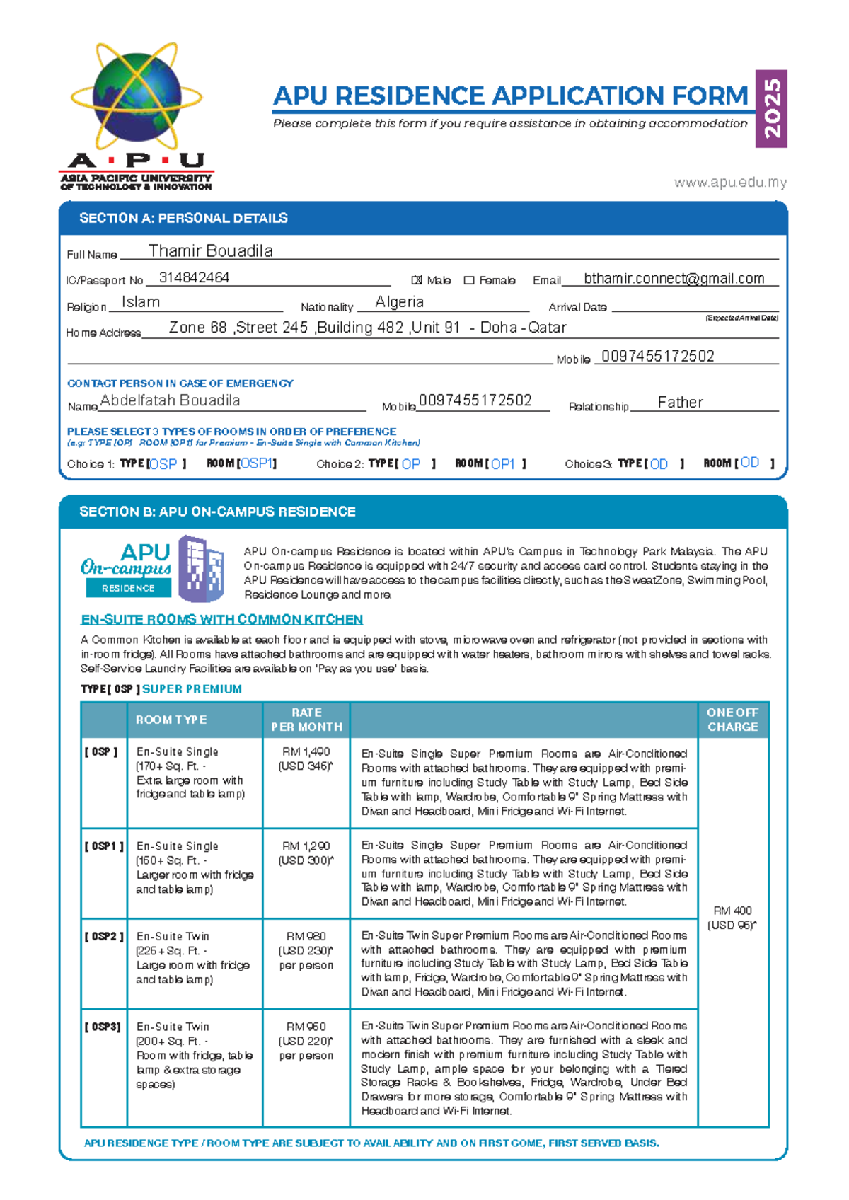 APU 2025 Accommodation Application Form for Residence - Studocu