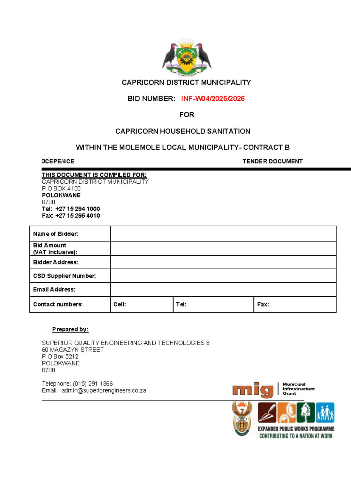 Tender Document for Capricorn Household Sanitation - Contract B - Studocu