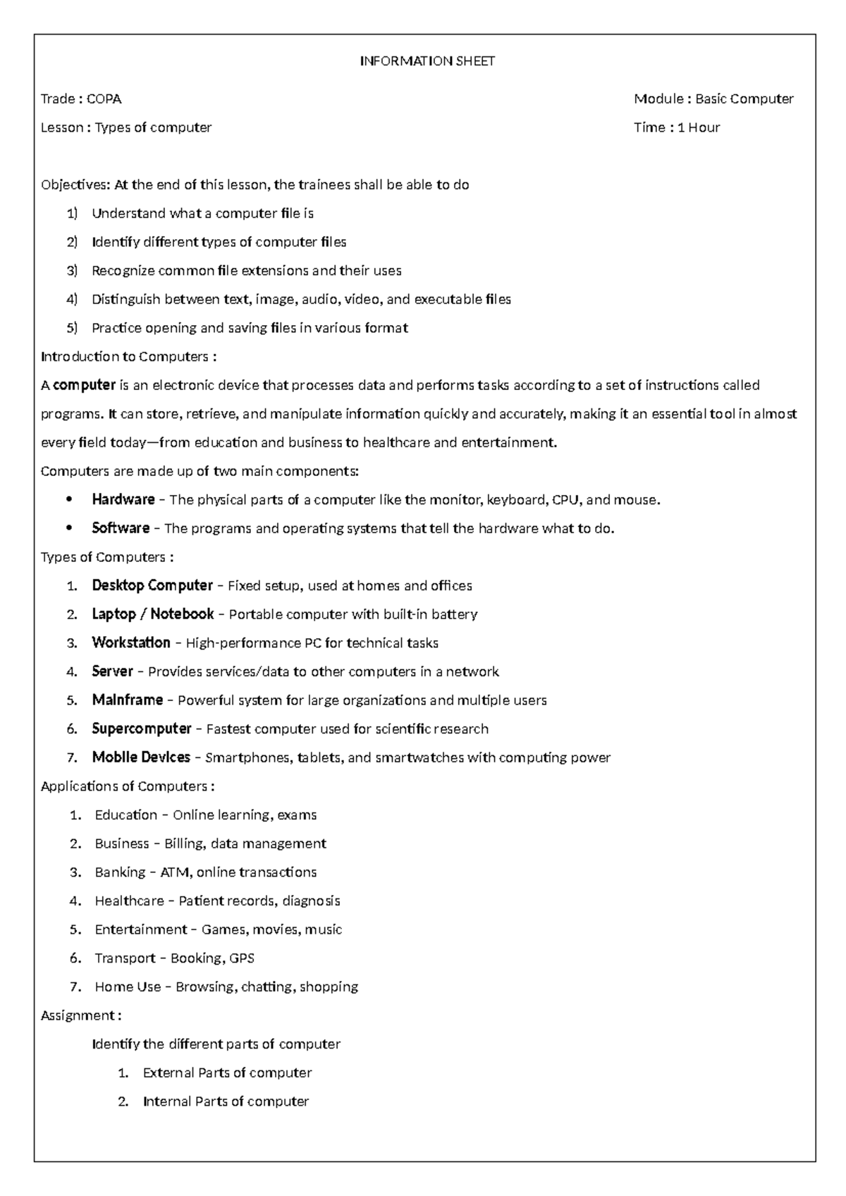 COPA Basic Computer Lesson: Types of Computers and Files - Studocu