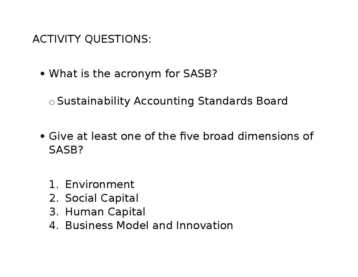 Activity Questions Sustainability - ACTIVITY QUESTIONS: What is the ...