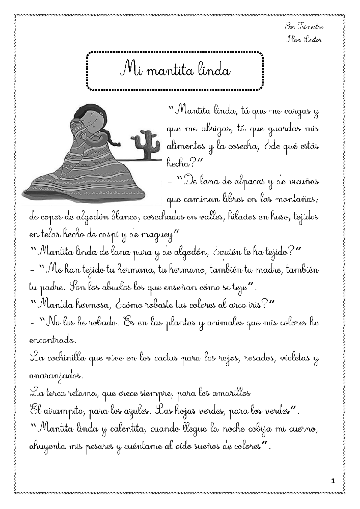3er Trimestre Plan Lector: Análisis de "Mi Mantita Linda" - Studocu