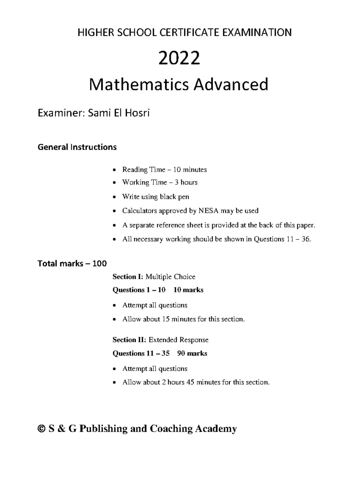 S&G 2022 Mathematics Advanced Year 12 Trial Exam - Studocu