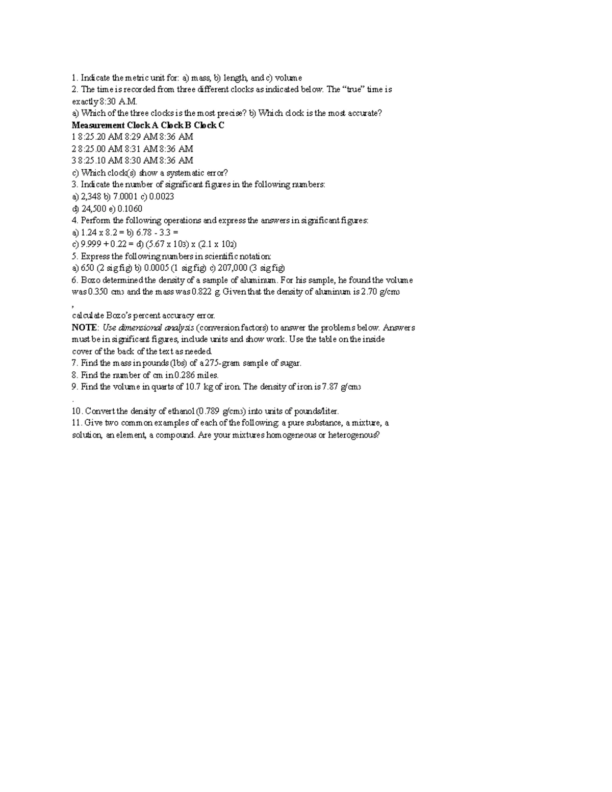 Chem - Anat: Measurement, Significant Figures, and Density Calculations ...